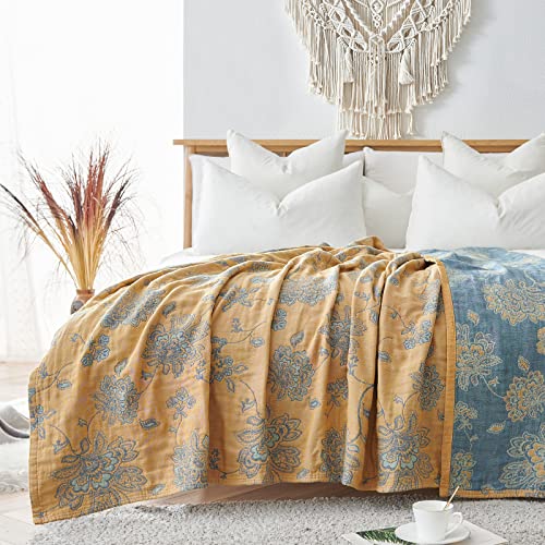 jinchan Yellow Throw Blanket for Couch Spring Cotton Blanket Soft Breathable Lightweight 4 Layer Cozy Blanket Twin Size Reversible Coverlet Floral Blanket Bed Blanket Baby Kid Gift 60x80 Inch
