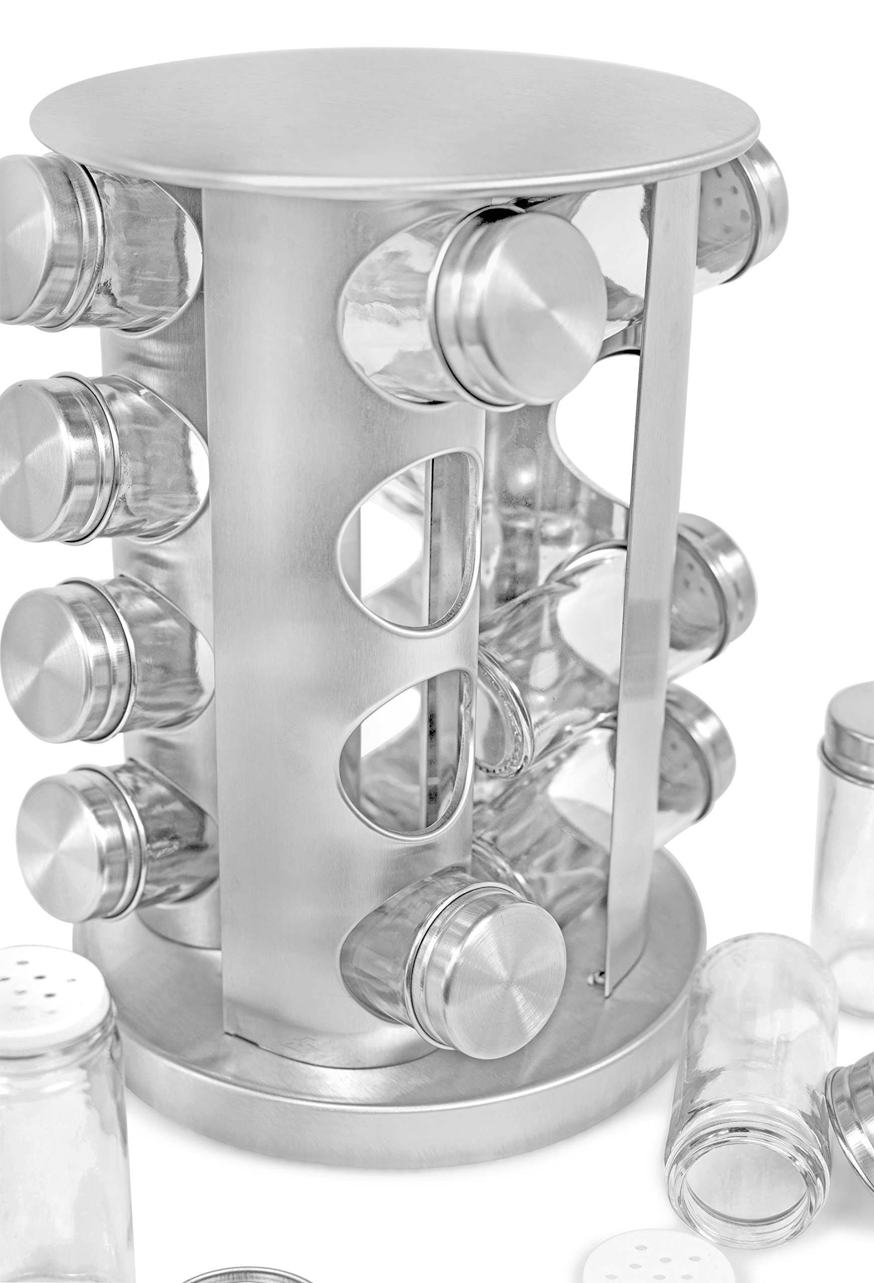 Internet's Best Revolving Spice Tower - Round Spice Rack - Set of 16 Spice Jars - Seasoning Storage Organization - Stainless Steel