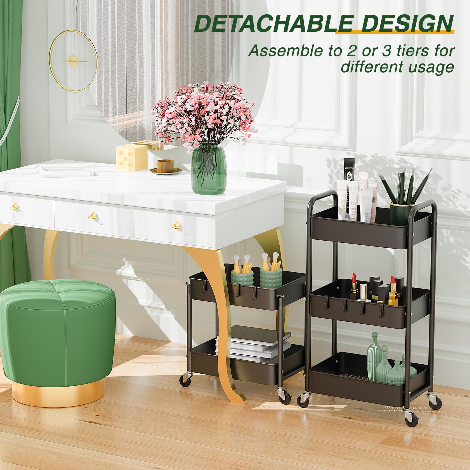 LEHOM 3 Tier Rolling Utility Cart, Metal Trolley Cart with Wheels, Hooks, Easy Assembly Organizer Storage Cart for Bathroom, Kitchen, Office, Bedroom(Black)