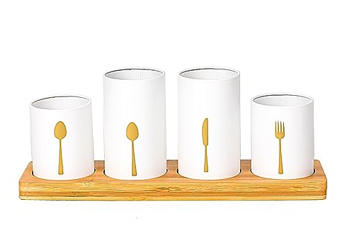 Innoteck Essentials 4pc Kitchen Cutlery Holder Set - Modern Farmhouse Kitchen Décor - Natural Bamboo - White Utensil Crock - Vintage Organizer - Kitchen Tool Caddy - Countertop Storage