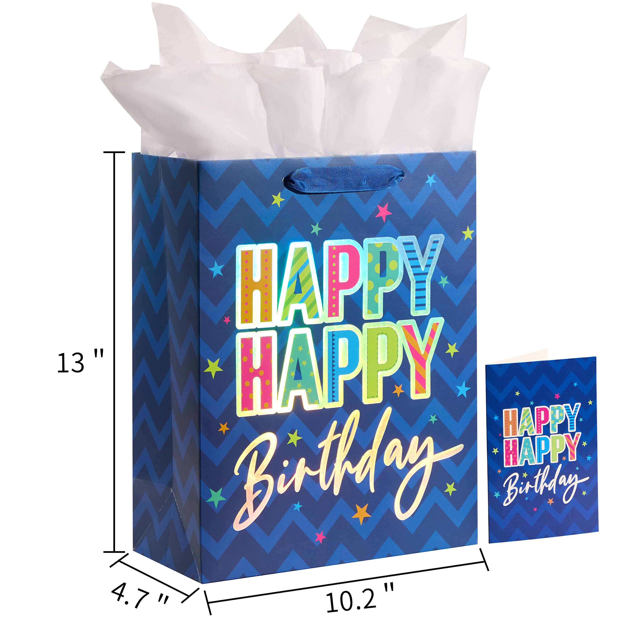 SUNCOLOR 13" Large Happy Birthday Gift Bag with Card and Tissue Paper (Blue Happy Happy Birthday)