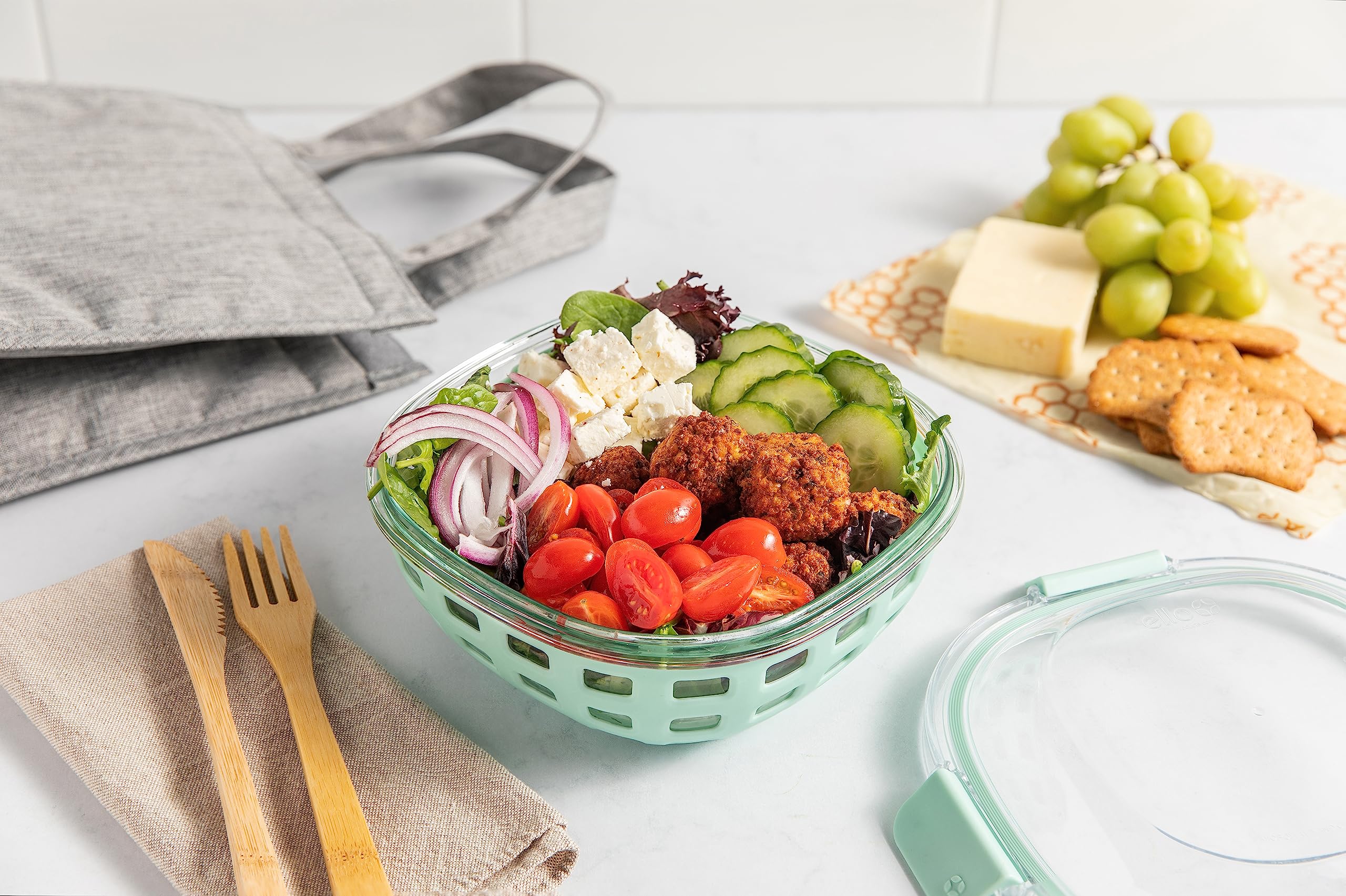 Ello DuraGlass Food Storage Glass Lunch Bowl - Meal Prep Container with Silicone Sleeve and Airtight Lid, 5 Cup, Yucca