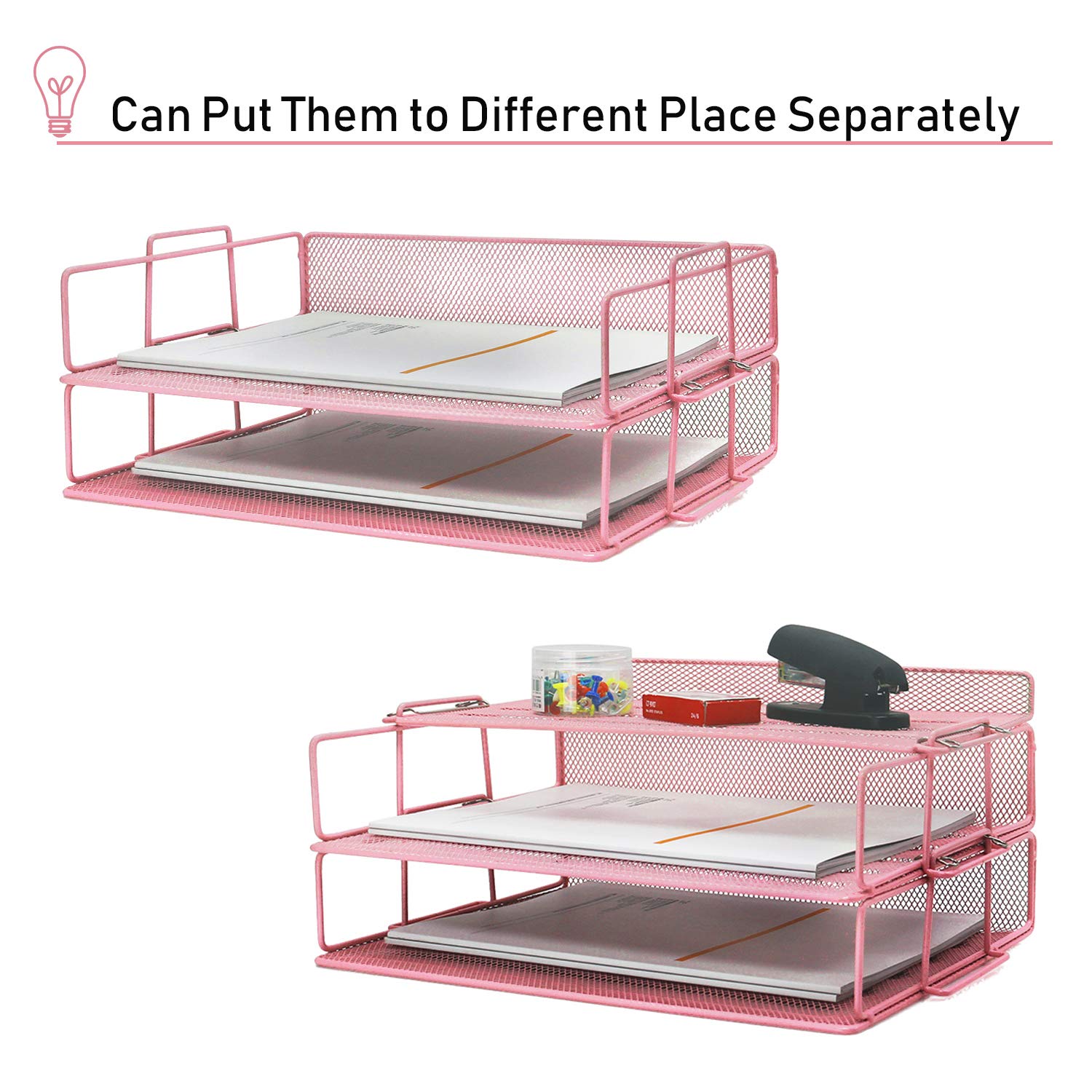 LUCYCAZ Paper Tray - Letter Tray Desk Organizer, 4 Tier Stackable Paper Tray Pink File Organizer for School and Office