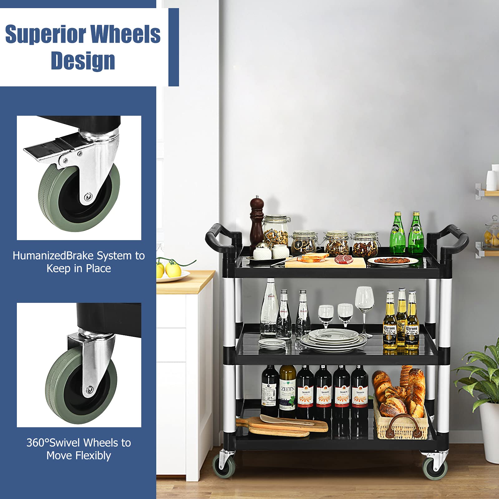 Goplus 3-Tier Rolling Utility Cart with Wheels, Heavy Duty 490 LBS Food Service Cart for Restaurant, Kitchen, Office, Plastic Push Cart Bus Cart, 40.5" x 19.5" x 38.5"