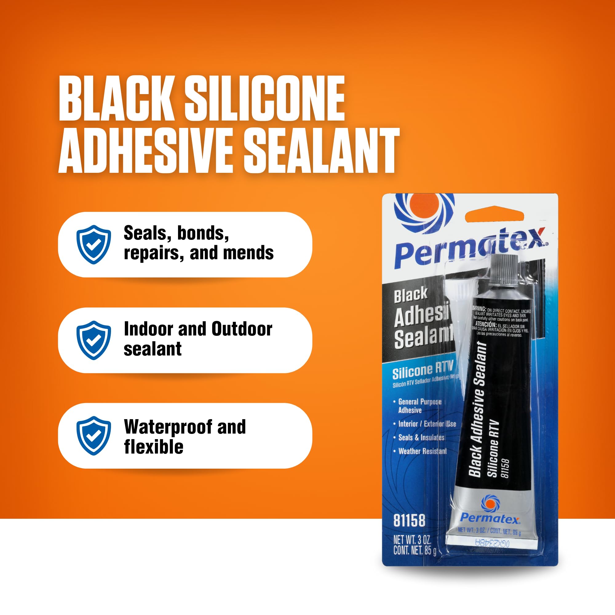 Permatex 81158 Black Silicone Adhesive Sealant, 3 oz. Tube, Pack of 1