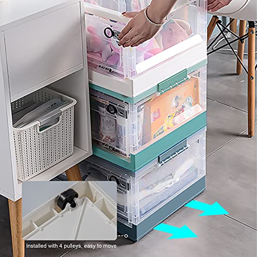 WOQLIBE Storage Bins with Lids-Collapsible Storage Bins with Wheels,Dual Doors Stackable Closet Organizer,Dorm Room Essentials,for Home and Toy Storage 19.7''L x 14'' W x 9.6''H,(Large White)