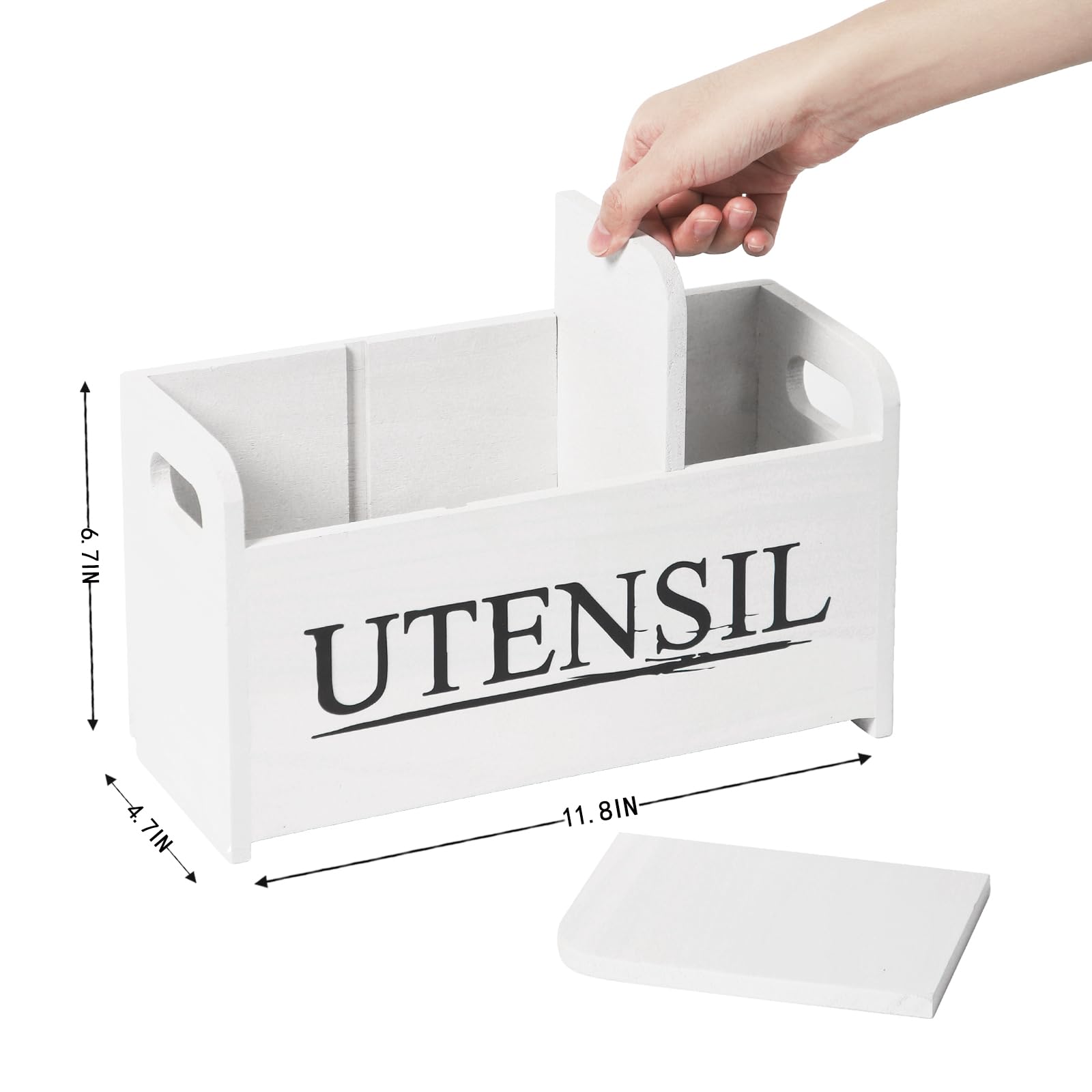 Ziluce Wood Utensil Holder, Utensil Holder for Kitchen Counter, for Organizing and Storing Cooking Utensils, 3 Compartments - White