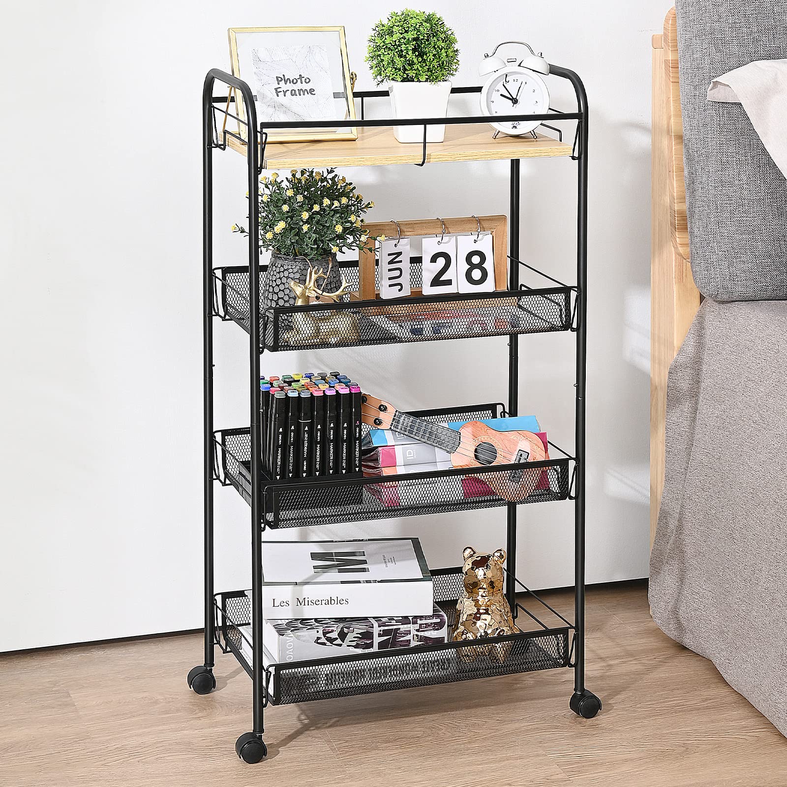 KINGRACK 4-Tier Rolling Cart,Metal Utility Cart with Wooden Tabletop,Easy Assemble Mobile Storage Trolley On Wheels,Craft Storage Cart for Bedroom Office Kitchen Bathroom Laundry Room,Black