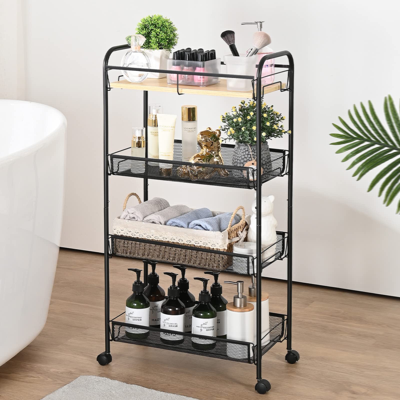 KINGRACK 4-Tier Rolling Cart,Metal Utility Cart with Wooden Tabletop,Easy Assemble Mobile Storage Trolley On Wheels,Craft Storage Cart for Bedroom Office Kitchen Bathroom Laundry Room,Black