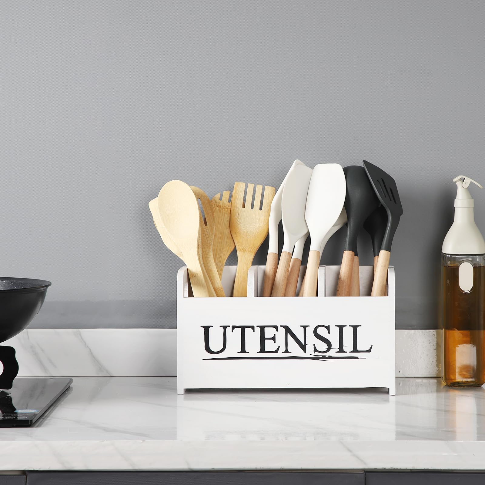 Ziluce Wood Utensil Holder, Utensil Holder for Kitchen Counter, for Organizing and Storing Cooking Utensils, 3 Compartments - White