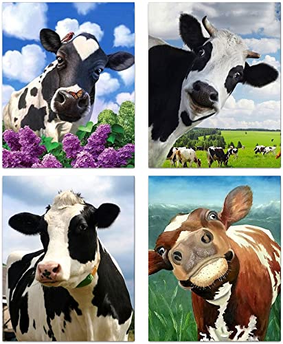 MOOXO Colorful Cute Cow Wall Art Prints,Rustic Cow Canvas Wall Art Painting for Farmhouse Farm Decoration,Funny Cow Paintings are Perfect for Bathroom Bedroom Home Decor, Set of 4-(8''x10'' Unframed)
