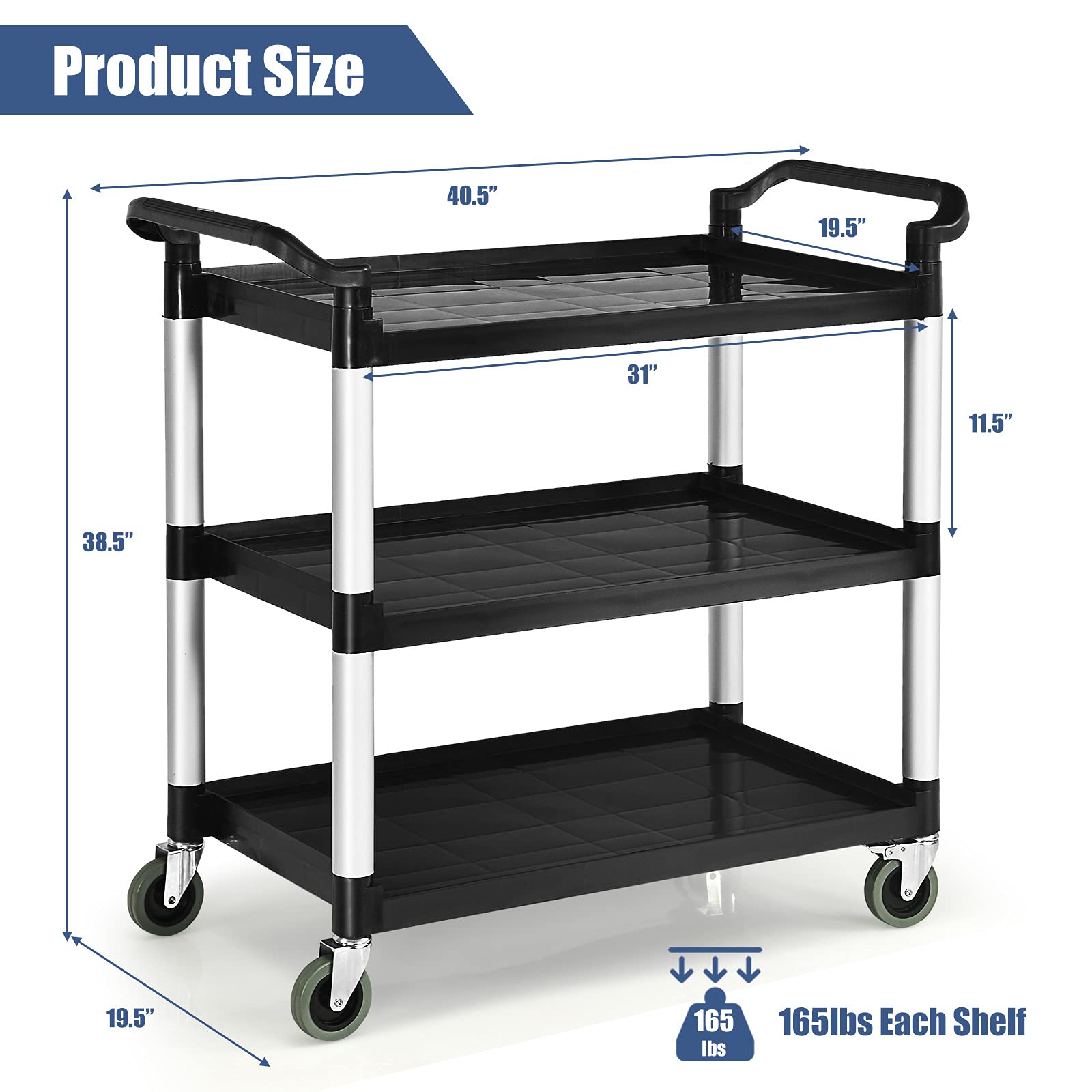 Goplus 3-Tier Rolling Utility Cart with Wheels, Heavy Duty 490 LBS Food Service Cart for Restaurant, Kitchen, Office, Plastic Push Cart Bus Cart, 40.5" x 19.5" x 38.5"