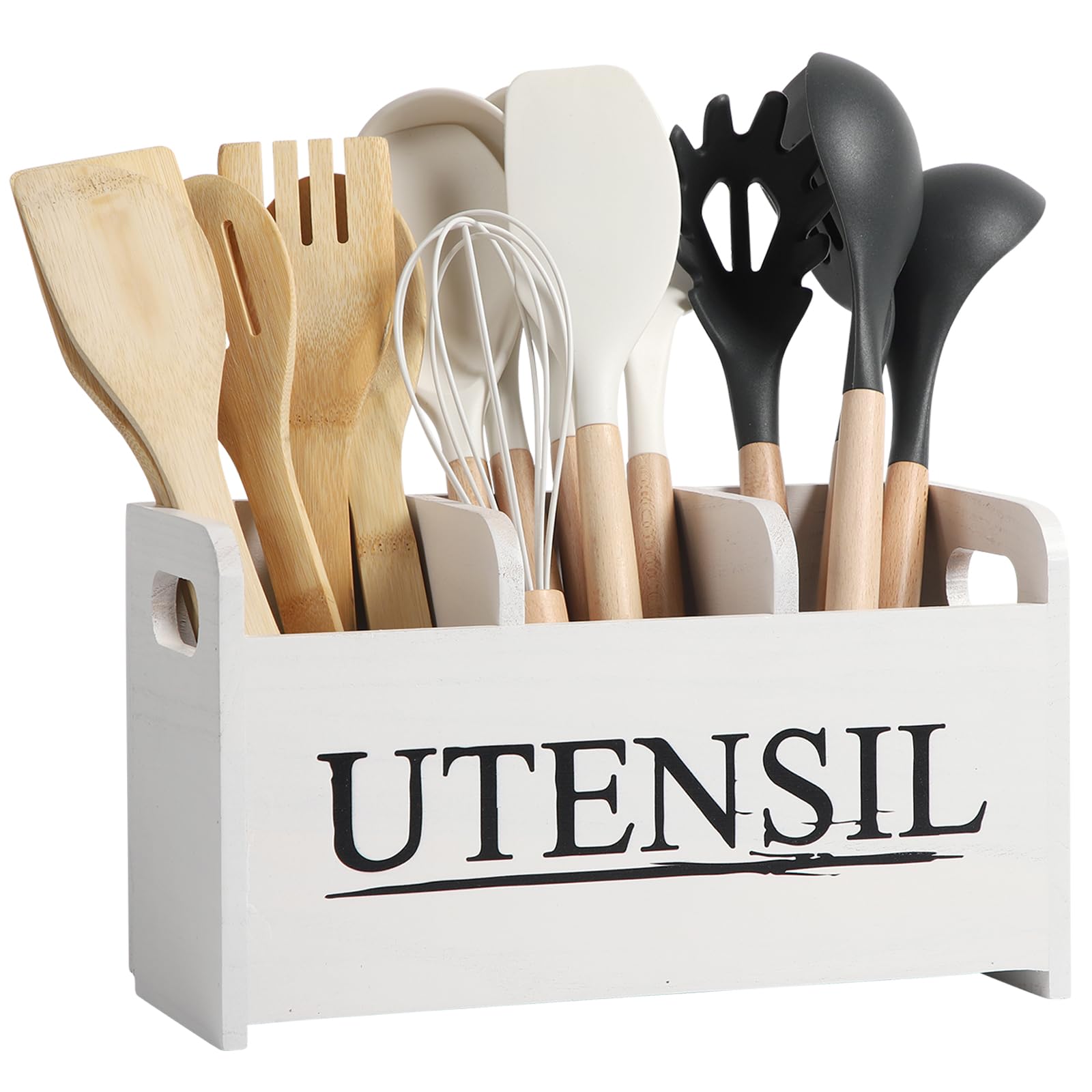 Ziluce Wood Utensil Holder, Utensil Holder for Kitchen Counter, for Organizing and Storing Cooking Utensils, 3 Compartments - White