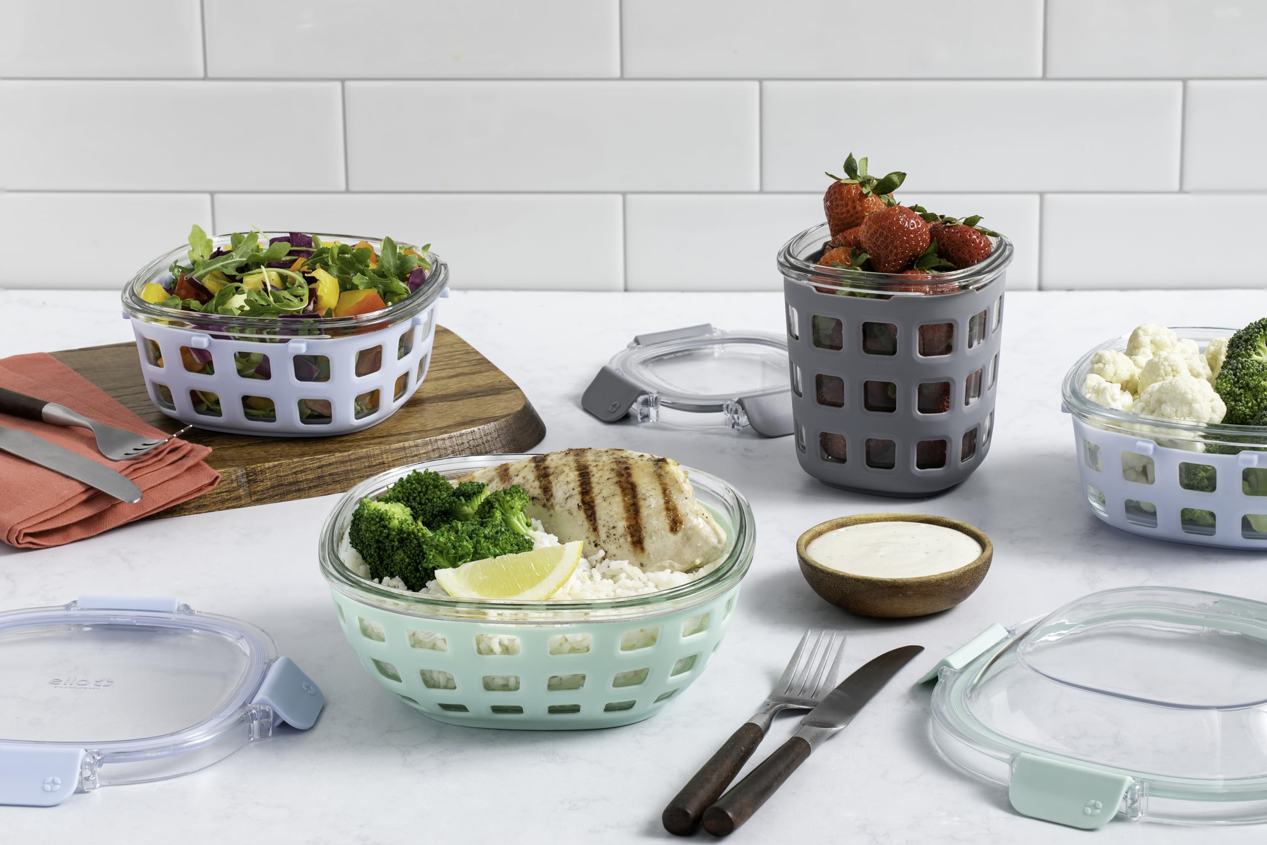 Ello DuraGlass Food Storage Glass Lunch Bowl - Meal Prep Container with Silicone Sleeve and Airtight Lid, 5 Cup, Yucca