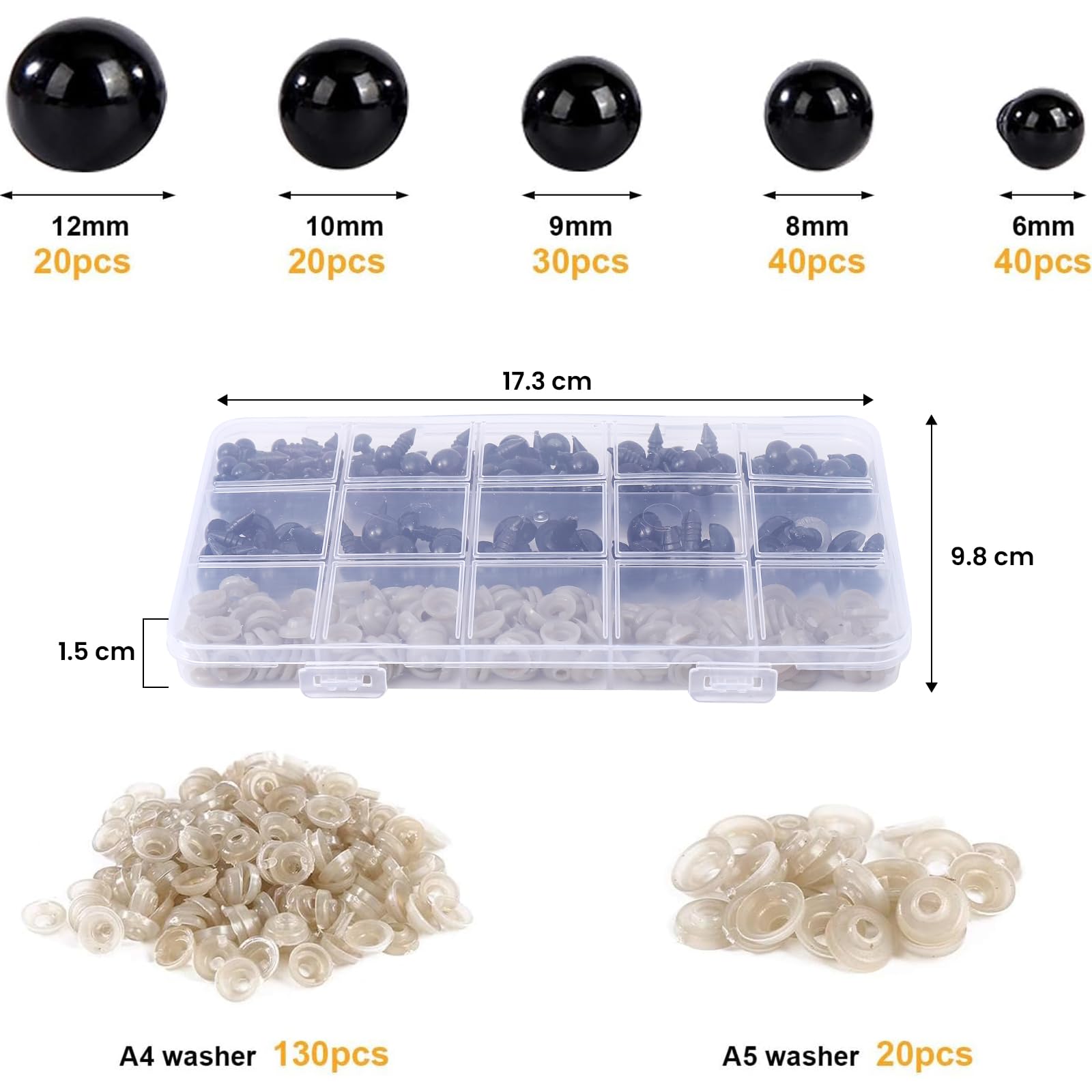 Vanblue Safety Eyes 300Pcs 6-12 mm Plastic Safety Eyes Craft Eyes with Washers for Amigurumi Stuffed Animal Crochet Projects Teddy Bear Puppet Toys DIY Crafts Making