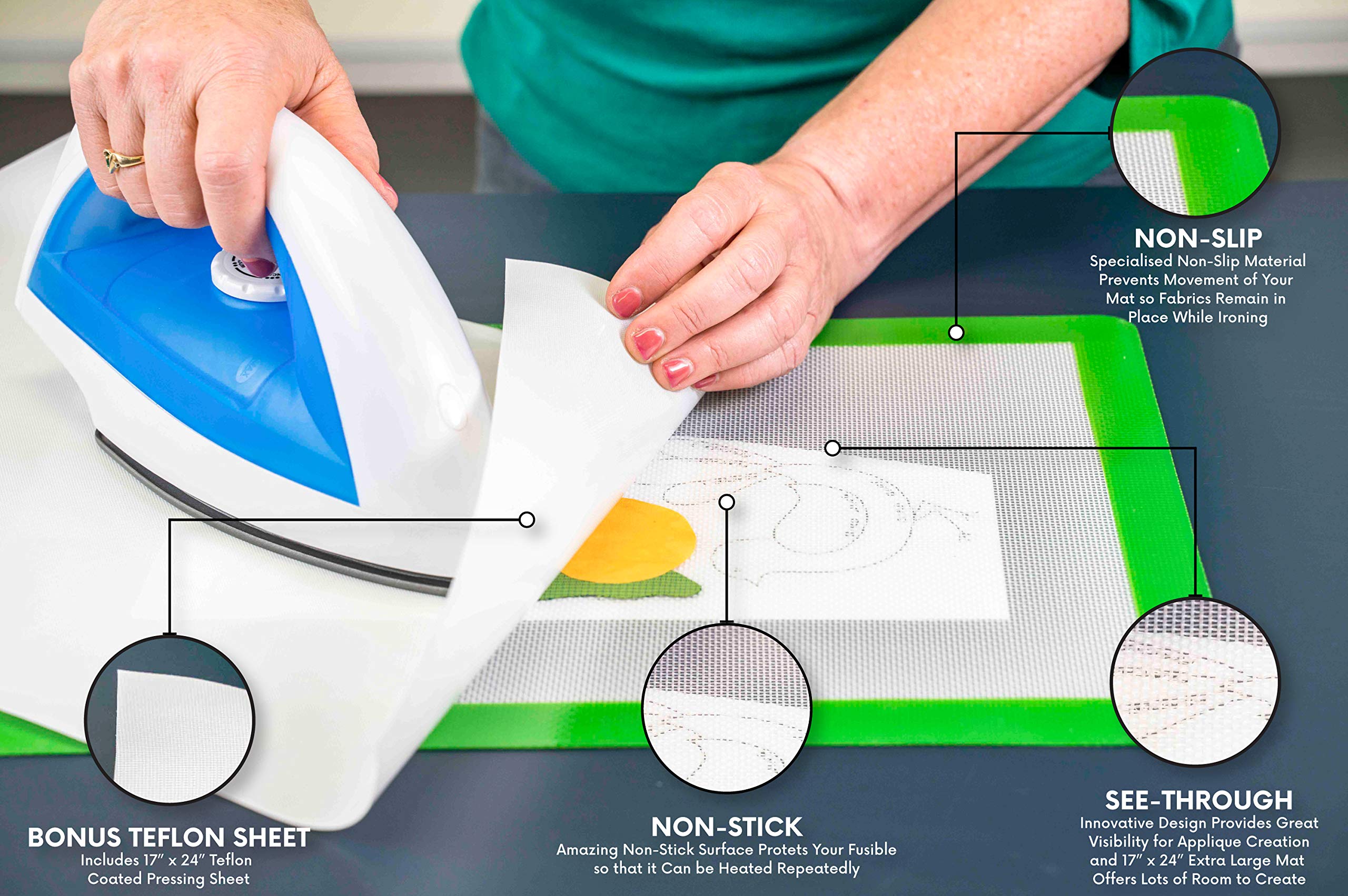 Precision Fusing Mat (17" x 24") Includes Non-Slip/Nonstick mat with See-Through Design for Appliqué Creation, and Bonus Teflon Coated Pressing Sheet!