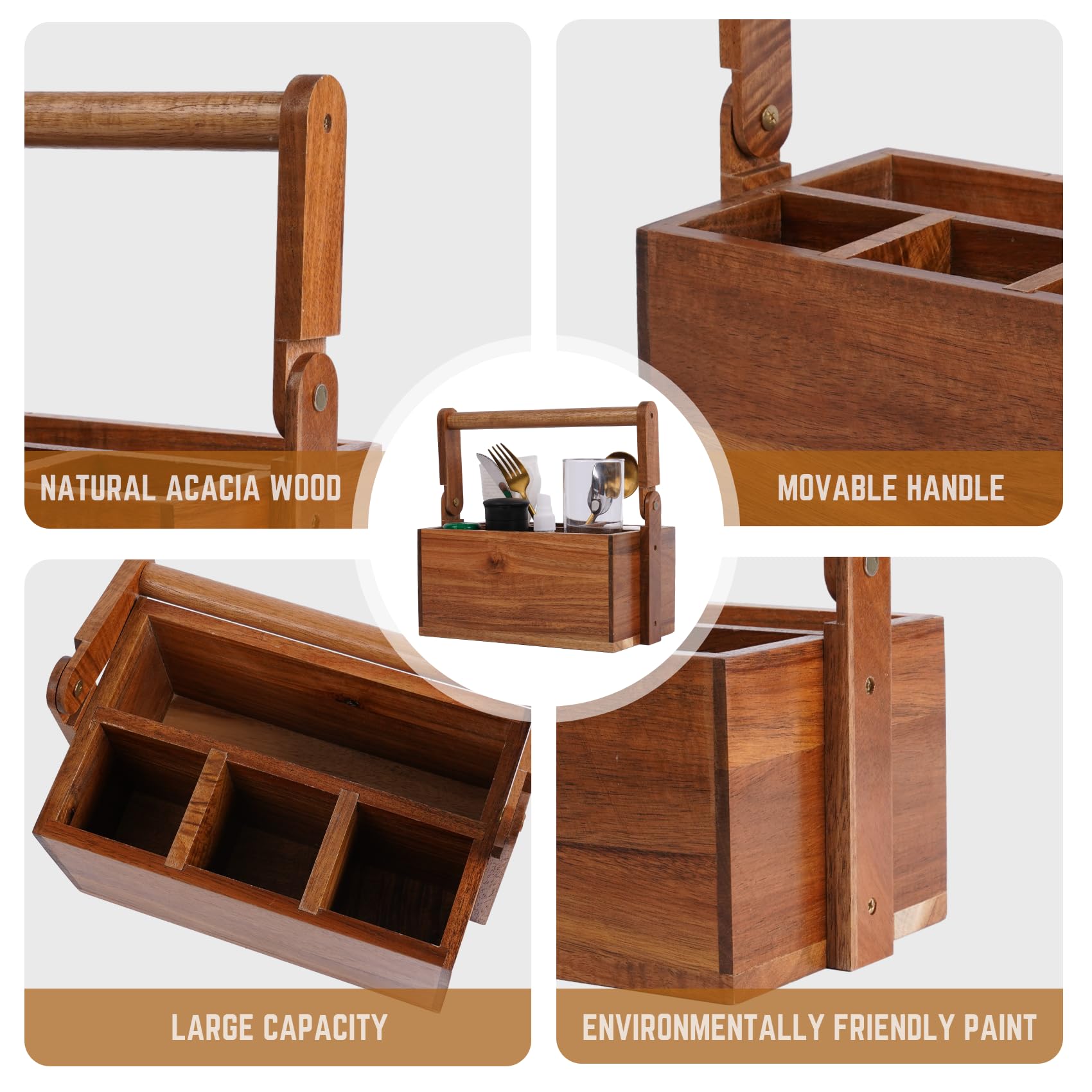 Mowsug Acacia Wood Silverware Caddy with Handle| Wooden Utensil Holder and Organizer with 4 Compartments| Cutlery Caddy Utensil holder for countertop| Ideal for Parties, Picnics, Outdoor Camping