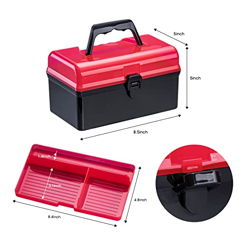 LUFUREN 8.5'' Plastic Art Box,Hair Accessories Organizer for Girls,Toy Storage Box,Craft Supplies and Cosmetics Storage Box,School Supplies Box,Black+Red
