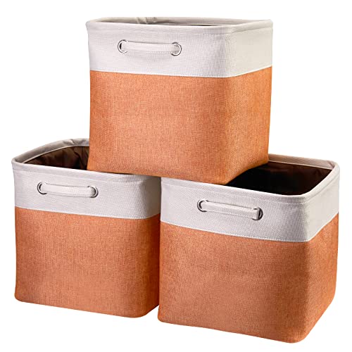 Fabric Cube Storage Boxes Foldable Storage Bins Orange and Beige Patchwork Storage Baskets Cube Storage Bins with Handle Cubes Inserts Storage for Home and Office Supplies 13x13x13 cube organizer bin 3 Pcs/Pack