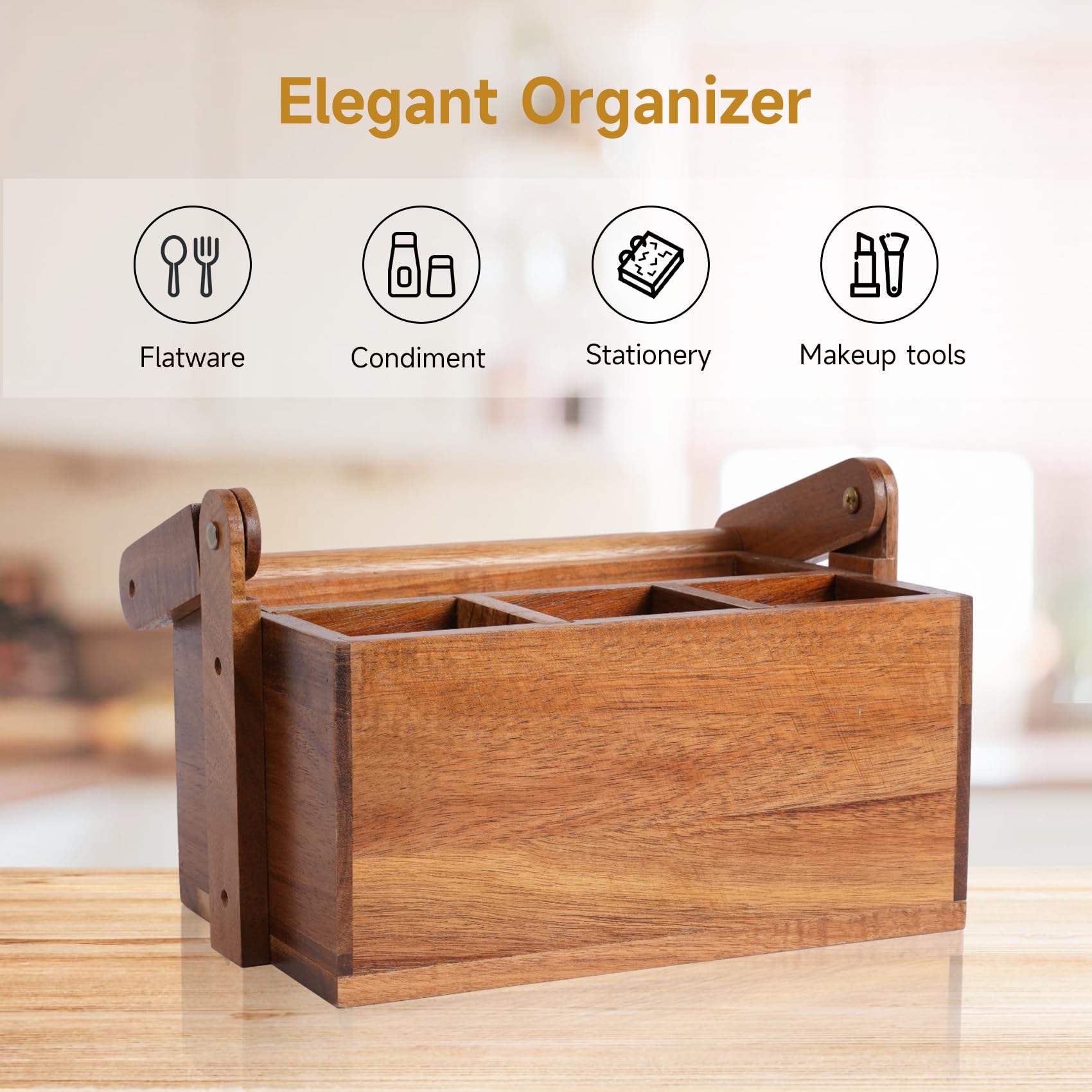 Mowsug Acacia Wood Silverware Caddy with Handle| Wooden Utensil Holder and Organizer with 4 Compartments| Cutlery Caddy Utensil holder for countertop| Ideal for Parties, Picnics, Outdoor Camping