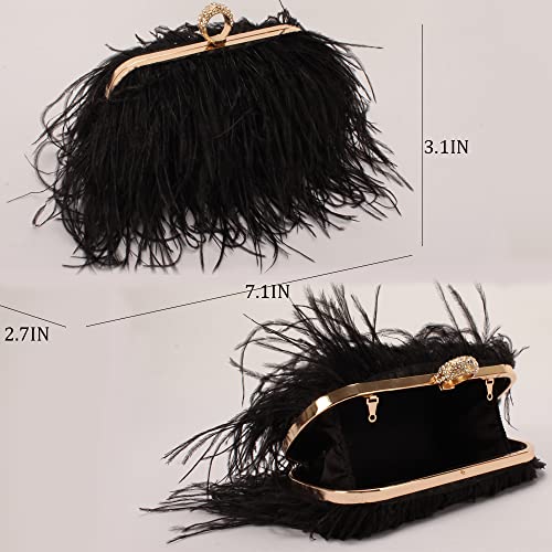 Women Real Natural Ostrich Feather Evening Bags Purses Clutch Vintage Banquet Handbag (black)
