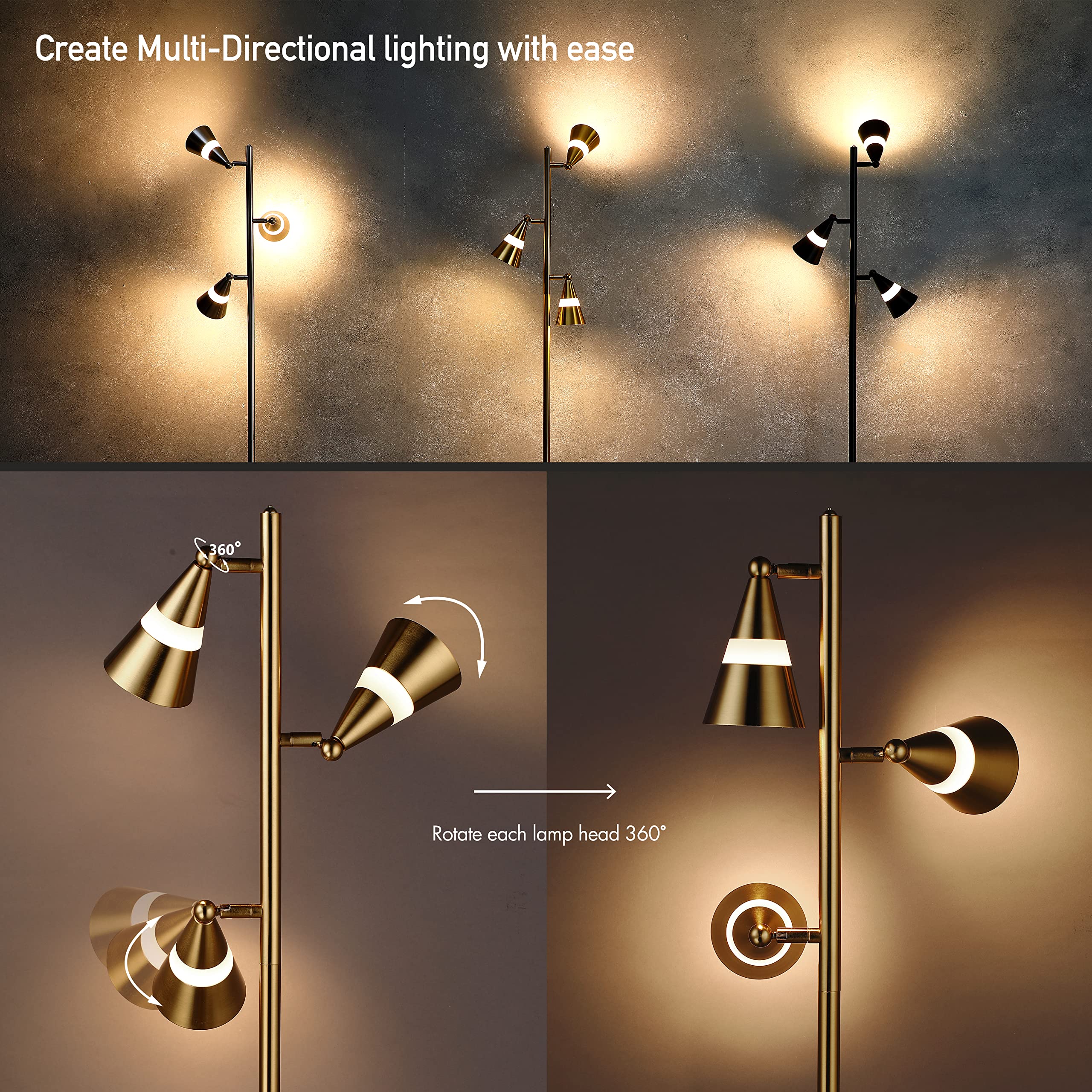 O’Bright Ash - 3-Light LED Tree Floor Lamp, Dimmable 3-Head LED, Multidirectional Standing lamp, Adjustable Multi-Shade, Swivel Cone Floor Lamp for Living Room, Bedroom, Antique Brass