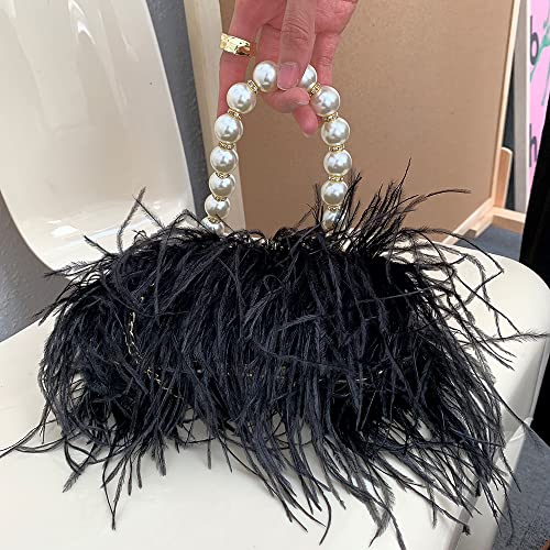 Women Real Natural Ostrich Feather Evening Bags Purses Clutch Vintage Banquet Handbag (black)