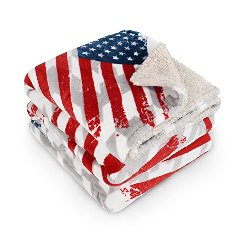 Catalonia Classic American Flag Blanket, Flannel Sherpa Throw, Fuzzy Reversible Blanket for Home Decor, 50" x 70"