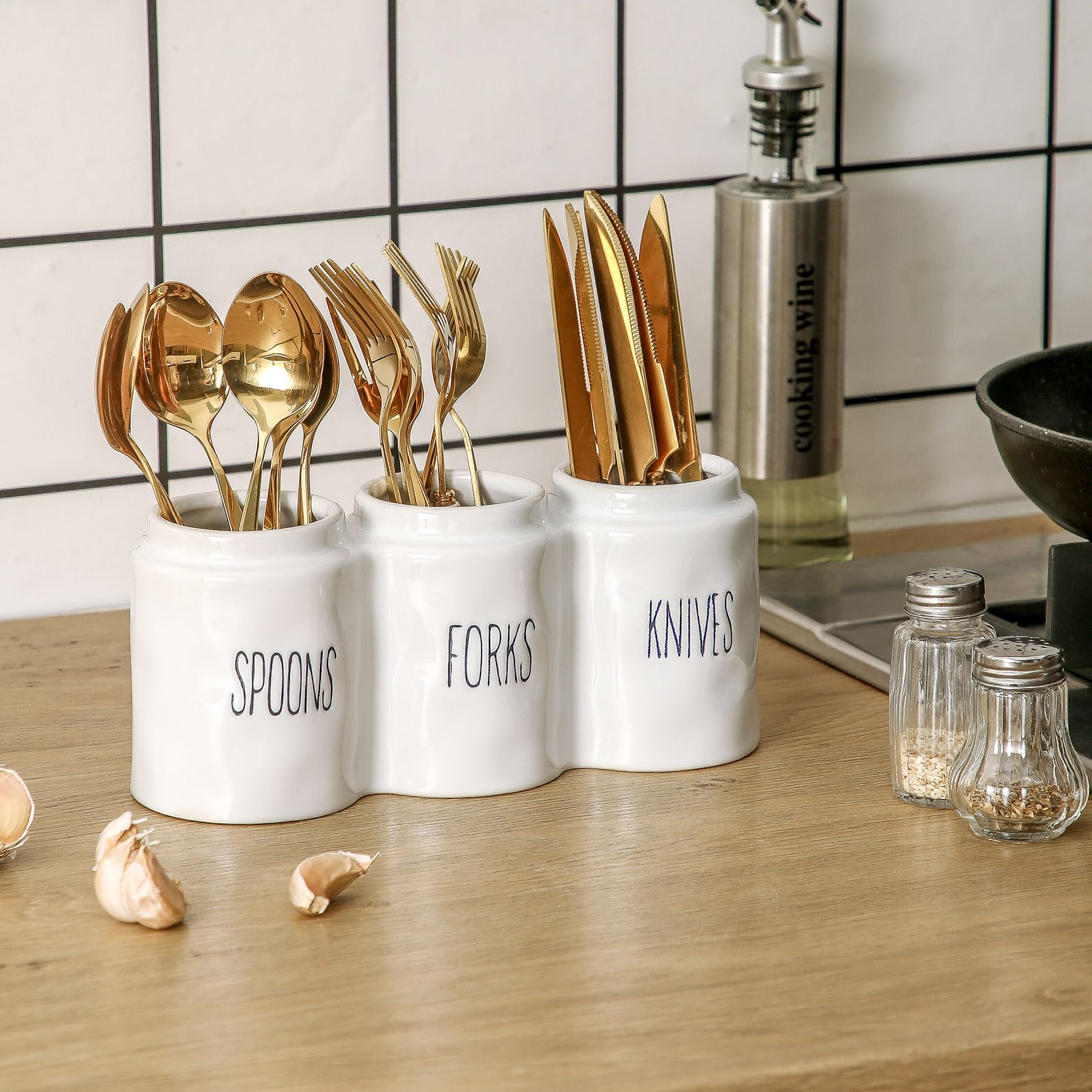 Howise Silverware Holder, Ceramic Spoon and Fork Holder, Silverware Holder for Countertop, Utensil Holder Cutlery Organizer for Knife