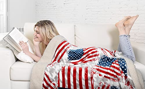 Catalonia Classic American Flag Blanket, Flannel Sherpa Throw, Fuzzy Reversible Blanket for Home Decor, 50" x 70"