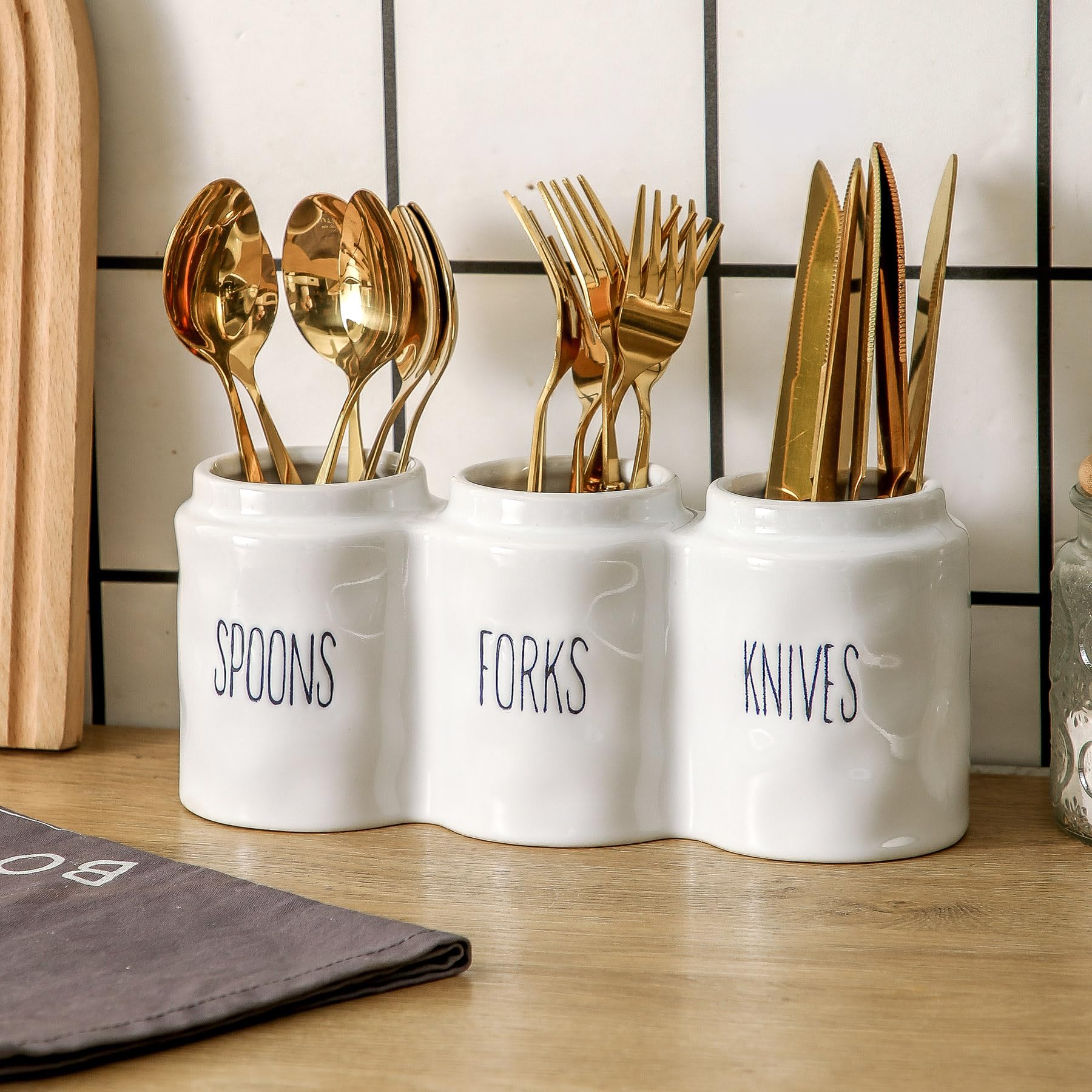 Howise Silverware Holder, Ceramic Spoon and Fork Holder, Silverware Holder for Countertop, Utensil Holder Cutlery Organizer for Knife