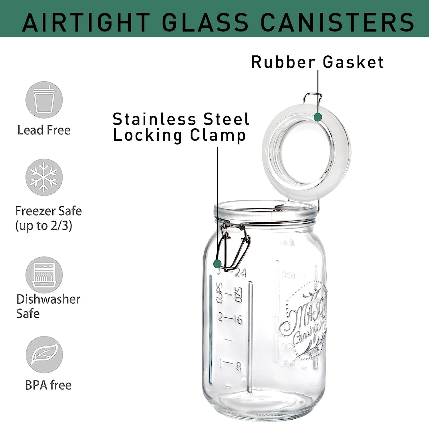 Tebery 4 Pack Clear Wide Mouth Glass Mason Jars with Airtight Clamp Lids, 32Oz Glass Storage Containers Large Kitchen Canisters for Food, Flour, Pasta, Coffee, Candy, Dog Treats, Snacks & More