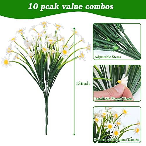 CEWOR 10 Bundles Artificial Daisies Flowers Outdoor, Fake Plastic Plants UV Resistant Faux Greenery for Hanging Planters Window Box Front Porch Indoor Outside Decorations (White)