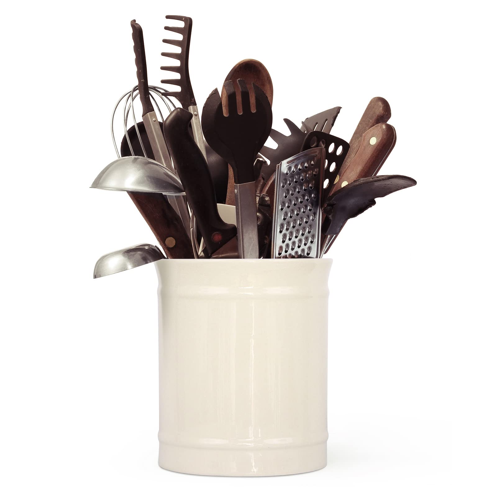 Sanbege Ceramic Utensil Crock with Ice Crack Pattern, 6.8" Large Kitchenware Caddy, Utility Utensil Holder for Cooking Tools, Makeup Brushes, Flowers, Wine Bucket (Cream White)
