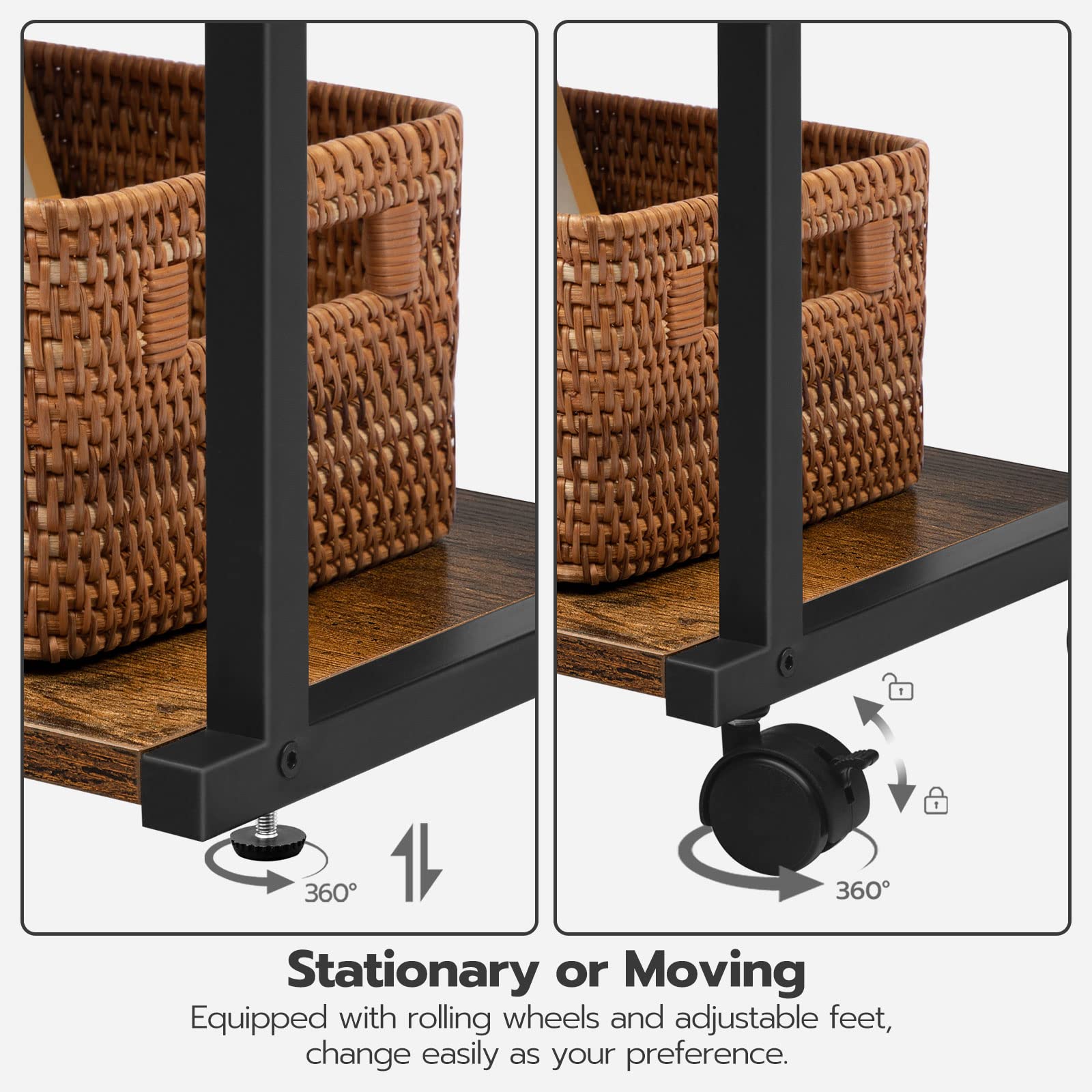 HOOBRO Mobile Printer Stand, 3-Tier Printer Cart Under Desk with Storage, Industrial Adjustable Rolling Cart , Sturdy Little Table on Wheels for Home Office, Rustic Brown and Black BF28PS01