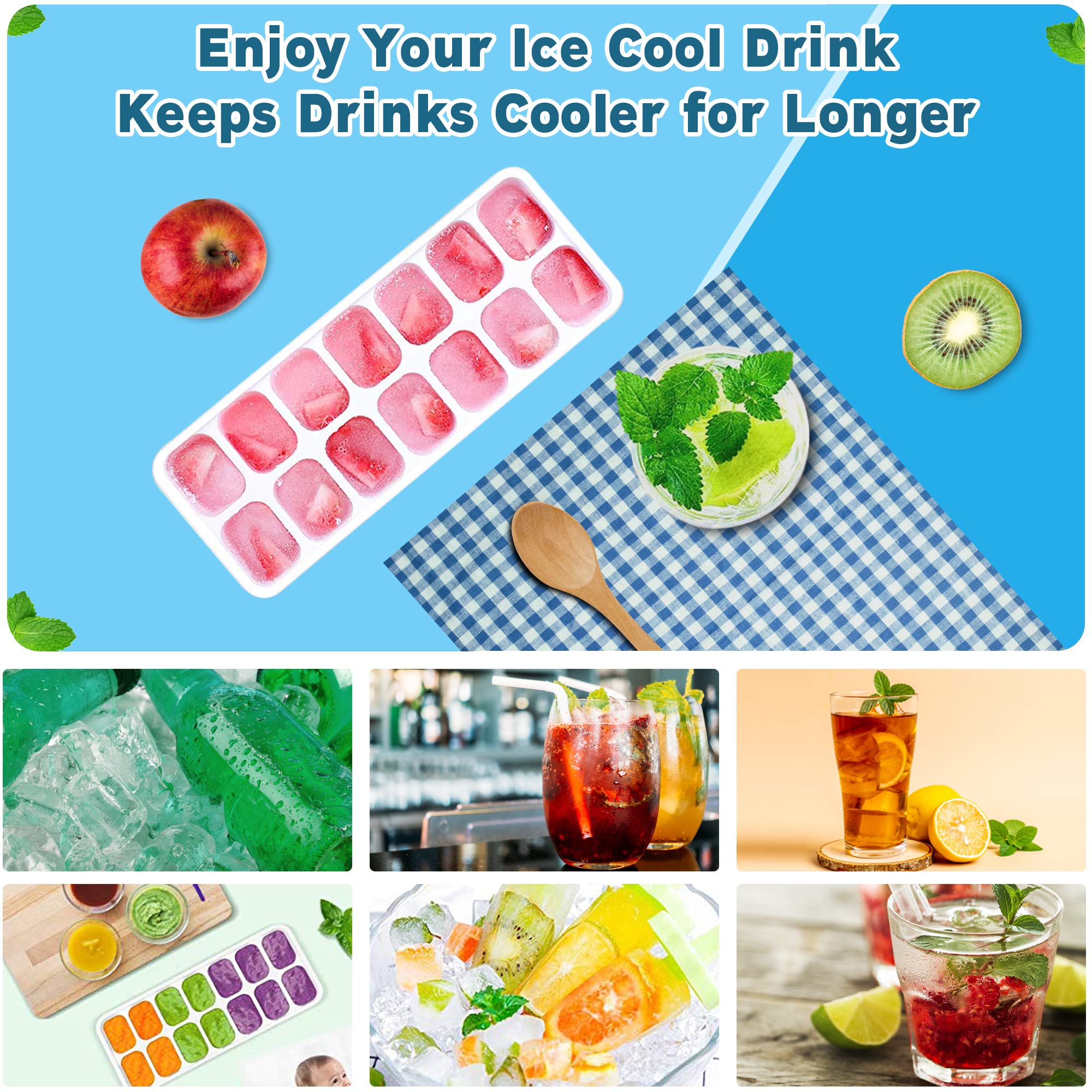 4 Pack Ice Cube Trays, Ice Tray Durable & Flexible, Ice Trays for Freezer, Silicone Ice Cube Tray, 14 Ice Cube Trays for Freezer With Lid, Super Easy Release Stackable BPA Free for Drinks & Cocktail
