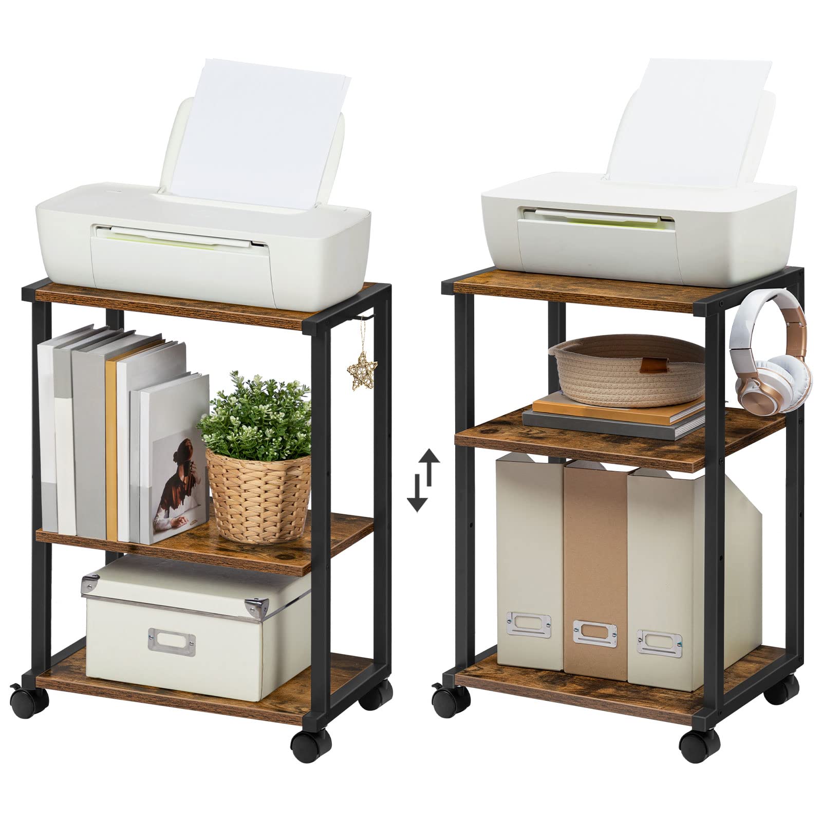 HOOBRO Mobile Printer Stand, 3-Tier Printer Cart Under Desk with Storage, Industrial Adjustable Rolling Cart , Sturdy Little Table on Wheels for Home Office, Rustic Brown and Black BF28PS01