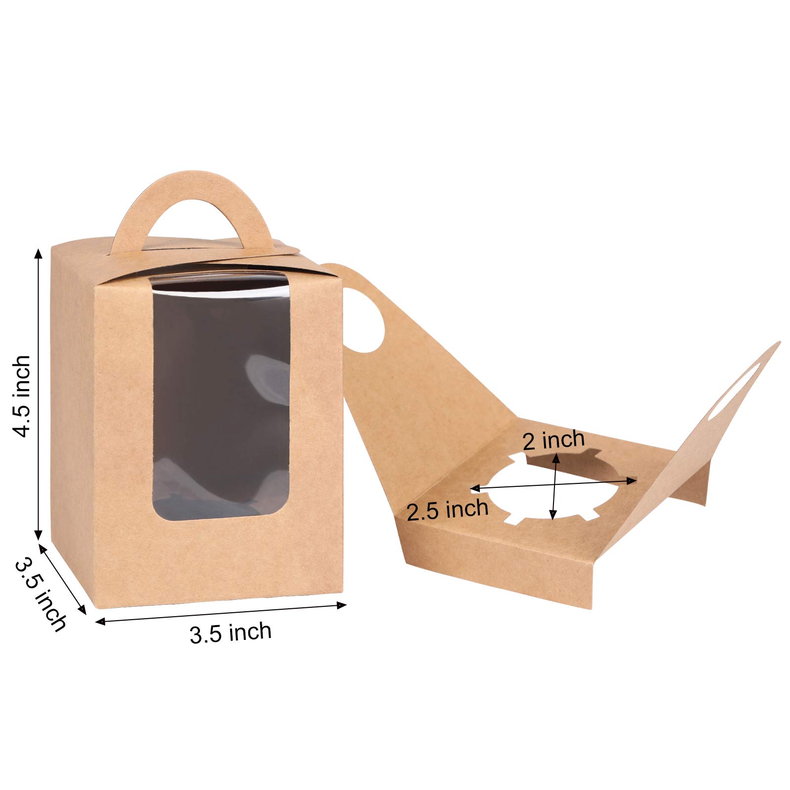 Moretoes 60 Pcs Individual Cupcake Boxes, Brown Single Cupcake Boxes with Window Inserts and Handle, Kraft Cupcake Containers Bulk for Bakery Wrapping Party Favor Packing