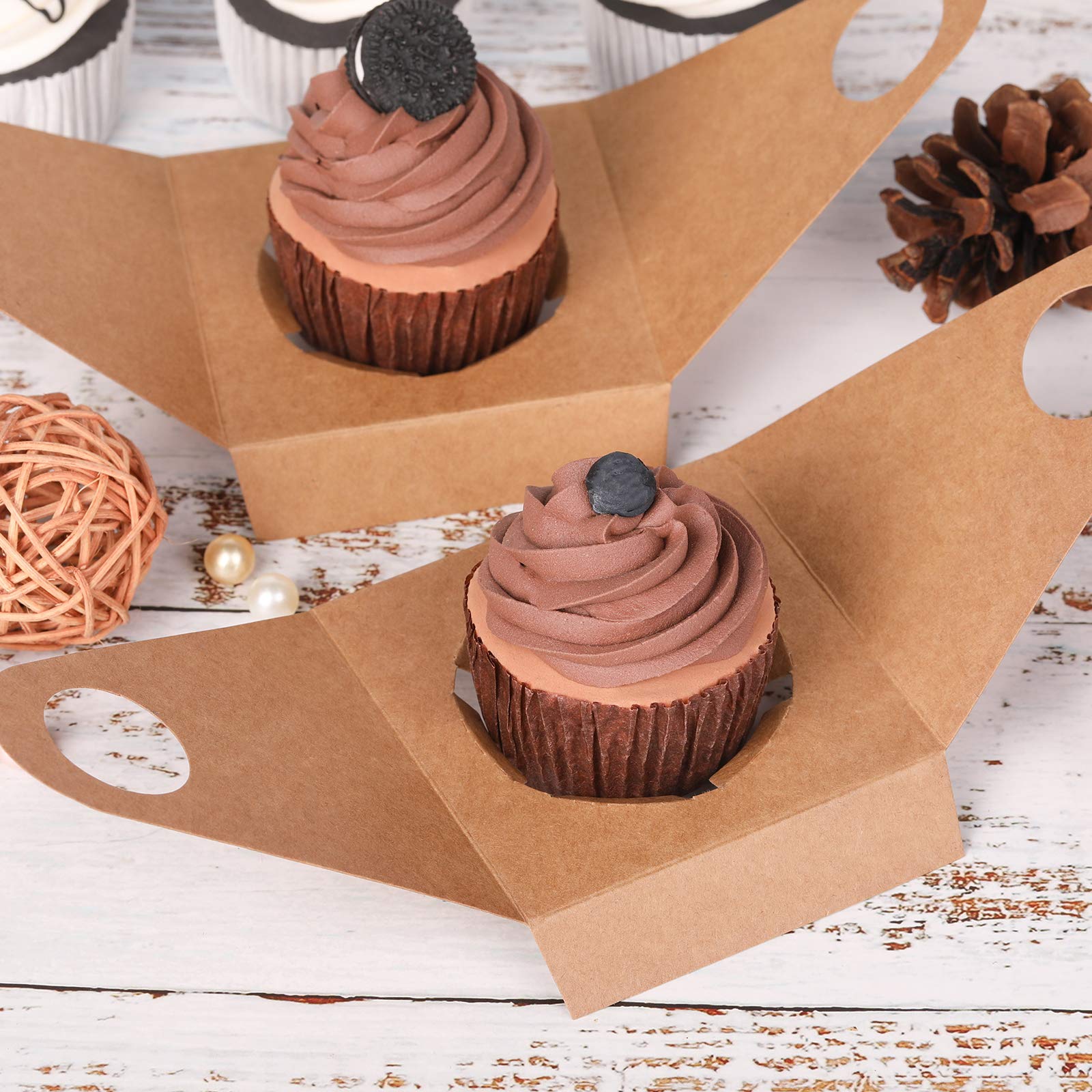Moretoes 60 Pcs Individual Cupcake Boxes, Brown Single Cupcake Boxes with Window Inserts and Handle, Kraft Cupcake Containers Bulk for Bakery Wrapping Party Favor Packing