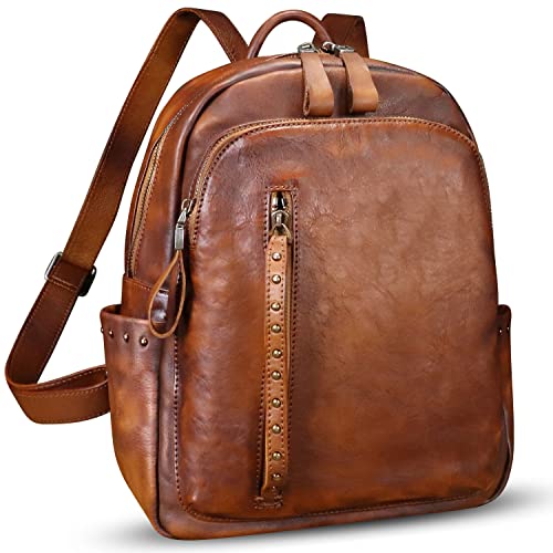 Genuine Leather Backpack Purse for Women Vintage Casual Daypack College Bag Handmade Cowhide Western Rivets Rucksack (Brown)