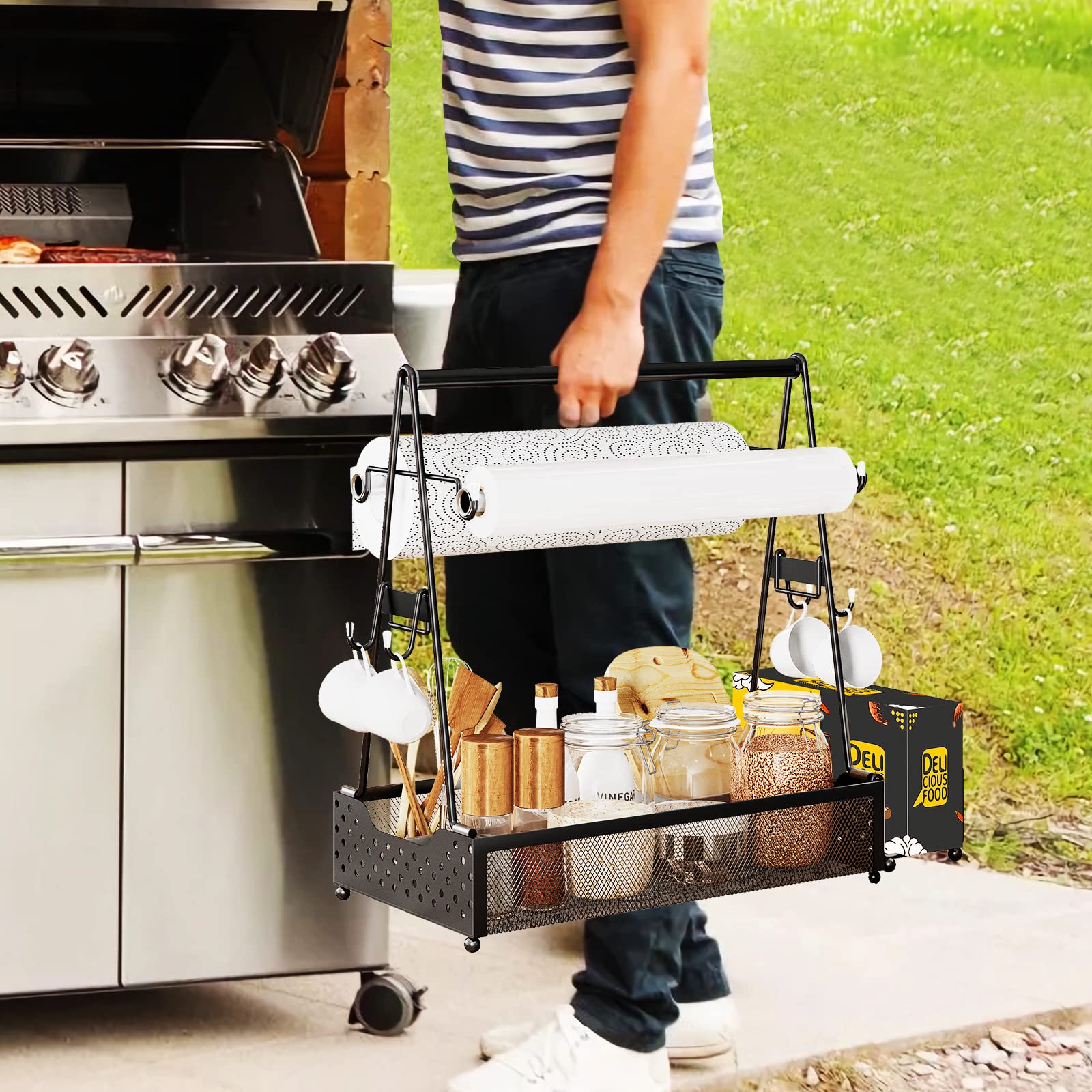 ALIKZO Large Grill Caddy, BBQ Caddy, Utensil Caddy for Camping, Condiment Caddy Silverware Holder, Utensil Holder for Party, with Handle & Paper Towel Holder, Grill Utensil Organizer