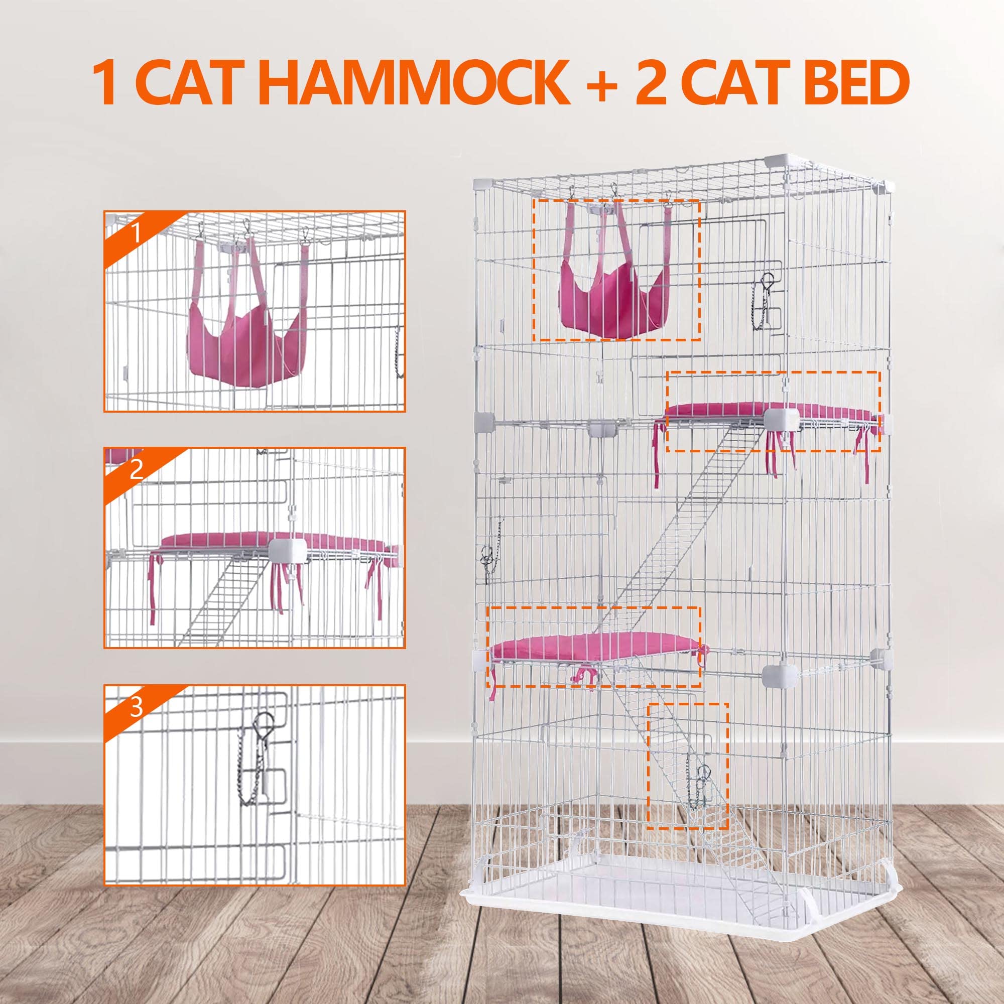 BIQWBIC 3-Tier 67 Inch Large Cat Cage, White, Collapsible, Hammock, 3 Cat Beds, 2 Ramp Ladders, Easy Litter Cleaning, Quick Installation