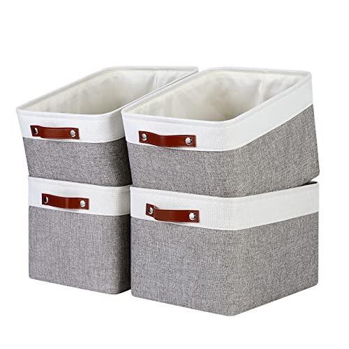 Ecegeva Storage Baskets for Shelves, Large Rectangular Basket with Leather Handles for Organizing Toys Towels Books, Decorative Storage Baskets for Shelves Closet Laundry Nursery Storage(White&Grey)