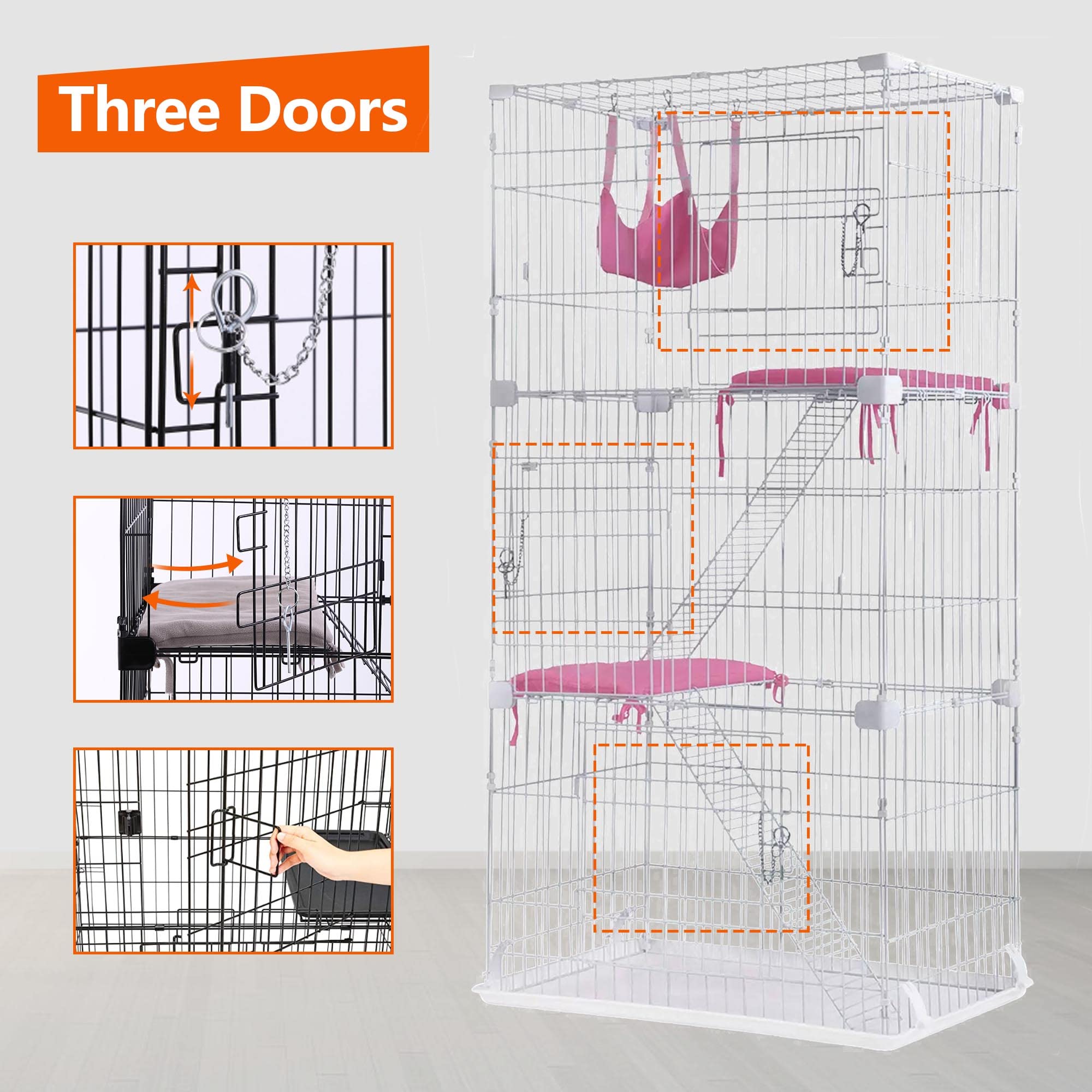 BIQWBIC 3-Tier 67 Inch Large Cat Cage, White, Collapsible, Hammock, 3 Cat Beds, 2 Ramp Ladders, Easy Litter Cleaning, Quick Installation