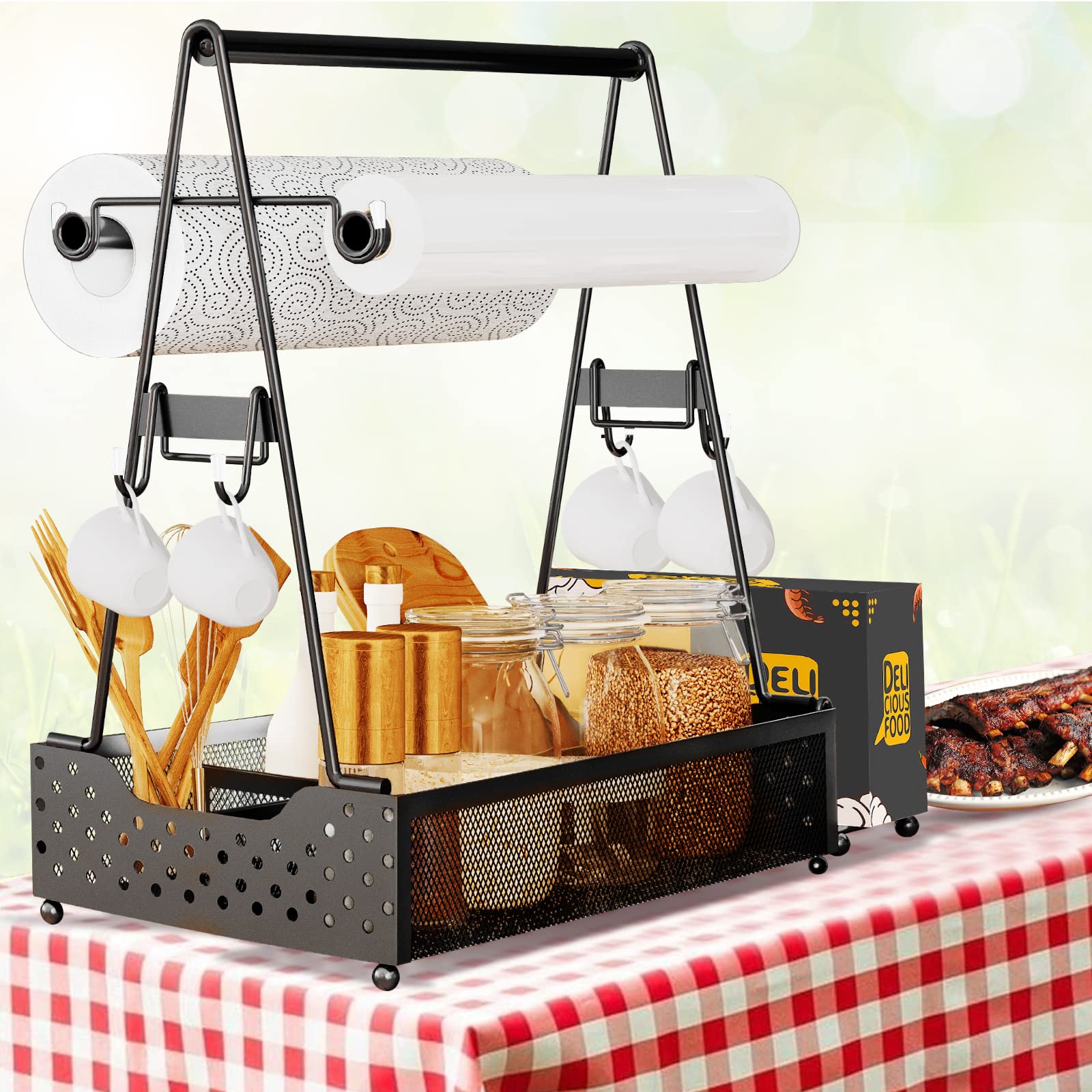 ALIKZO Large Grill Caddy, BBQ Caddy, Utensil Caddy for Camping, Condiment Caddy Silverware Holder, Utensil Holder for Party, with Handle & Paper Towel Holder, Grill Utensil Organizer