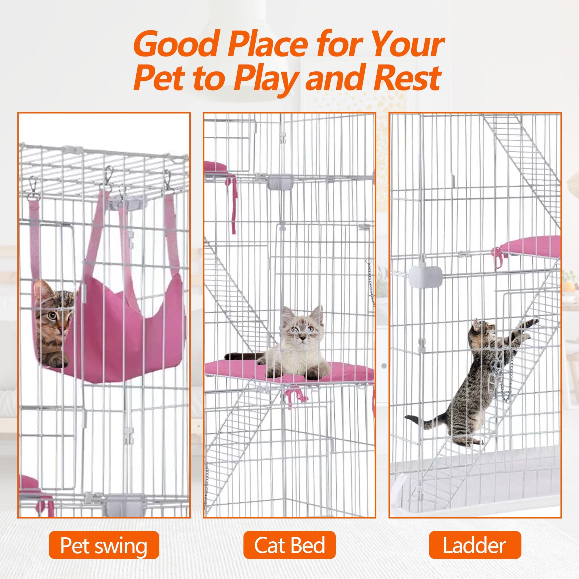 BIQWBIC 3-Tier 67 Inch Large Cat Cage, White, Collapsible, Hammock, 3 Cat Beds, 2 Ramp Ladders, Easy Litter Cleaning, Quick Installation