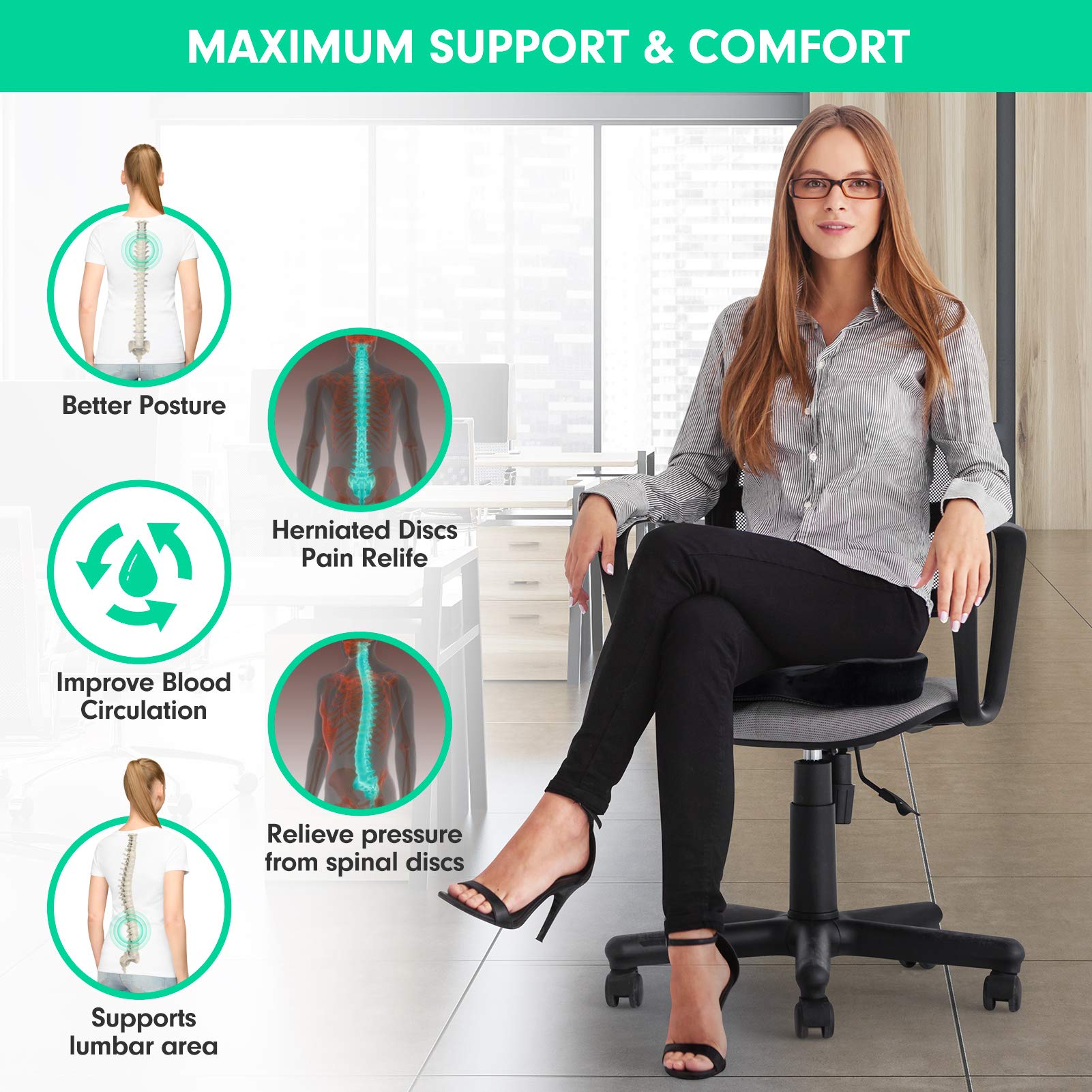 UYJ Seat Cushion for Office Chair,Memory Foam Seat Cushion,Tailbone,Sciatica,Lower Back Pain Relief,Chair Cushion for Car,Wheelchair,Computer and Desk Chair