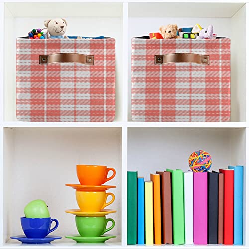 xigua Storage Basket Orange Coral Checkered Buffalo Storage Bin with Handle, Large Storage Cube Collapsible for Shelves Closet Bedroom Living Room 1PC