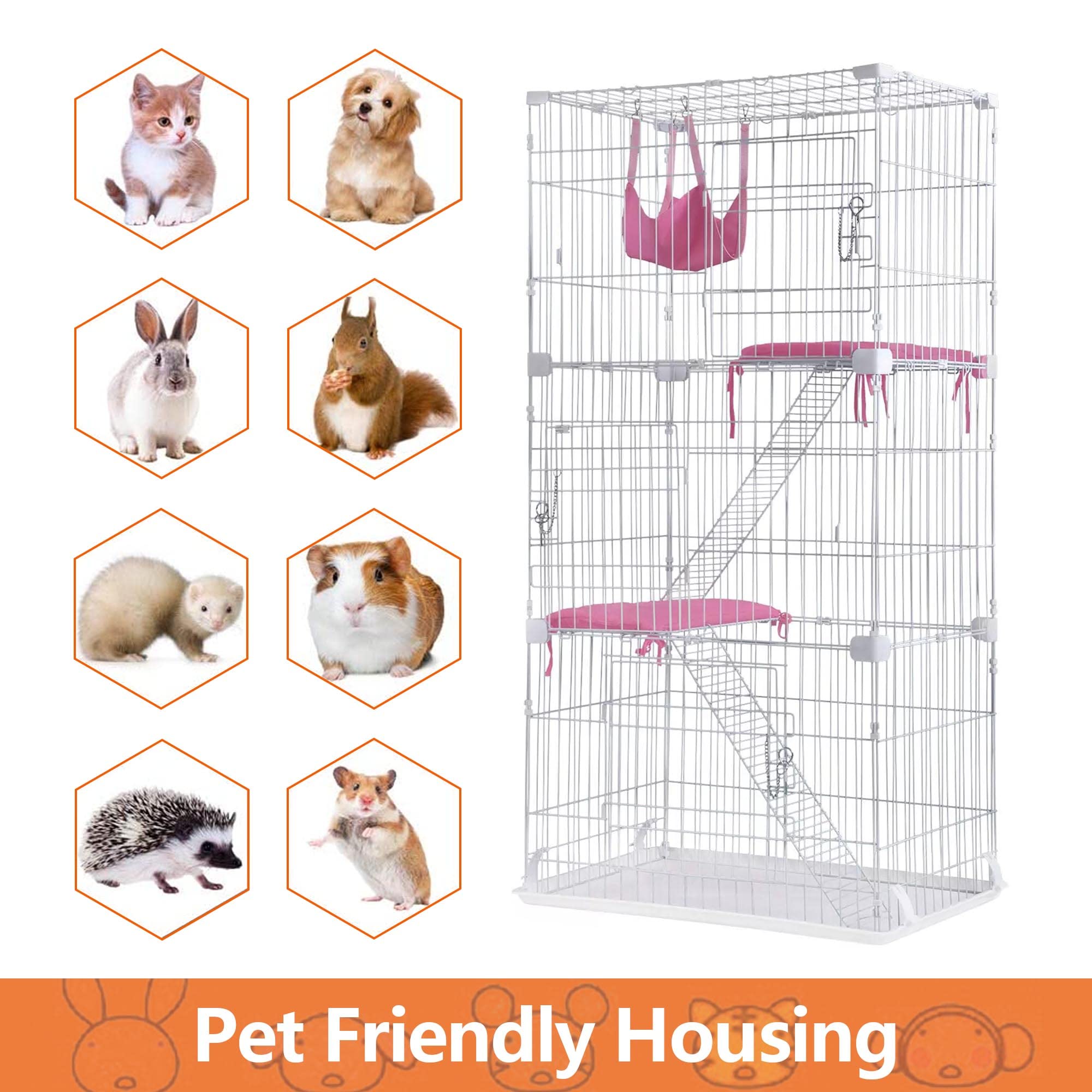 BIQWBIC 3-Tier 67 Inch Large Cat Cage, White, Collapsible, Hammock, 3 Cat Beds, 2 Ramp Ladders, Easy Litter Cleaning, Quick Installation