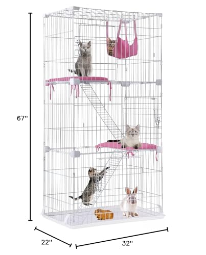 BIQWBIC 3-Tier 67 Inch Large Cat Cage, White, Collapsible, Hammock, 3 Cat Beds, 2 Ramp Ladders, Easy Litter Cleaning, Quick Installation